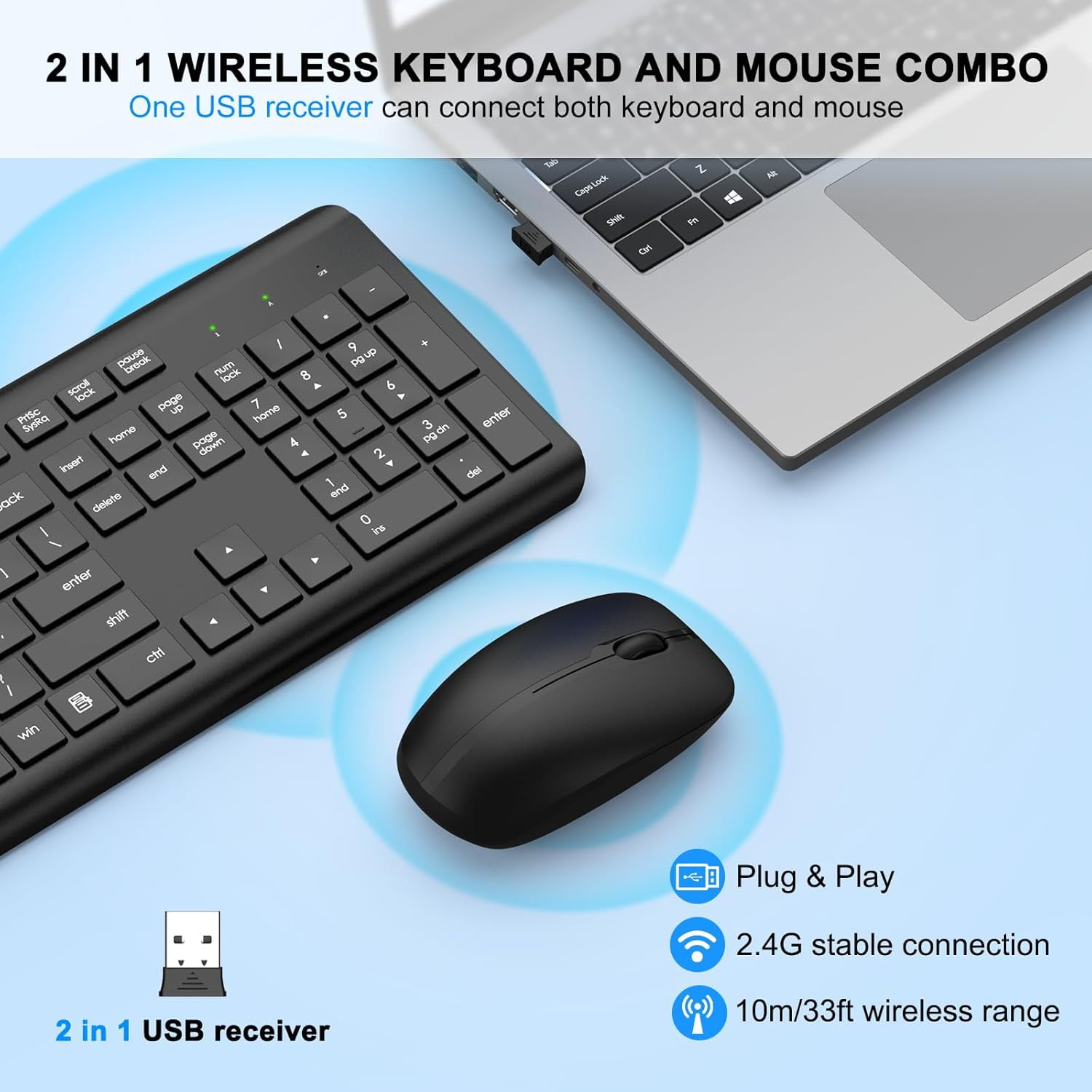 Silent Ergonomic Wireless Keyboard Mouse Combo, 2.4G Lag-Free, Long ...