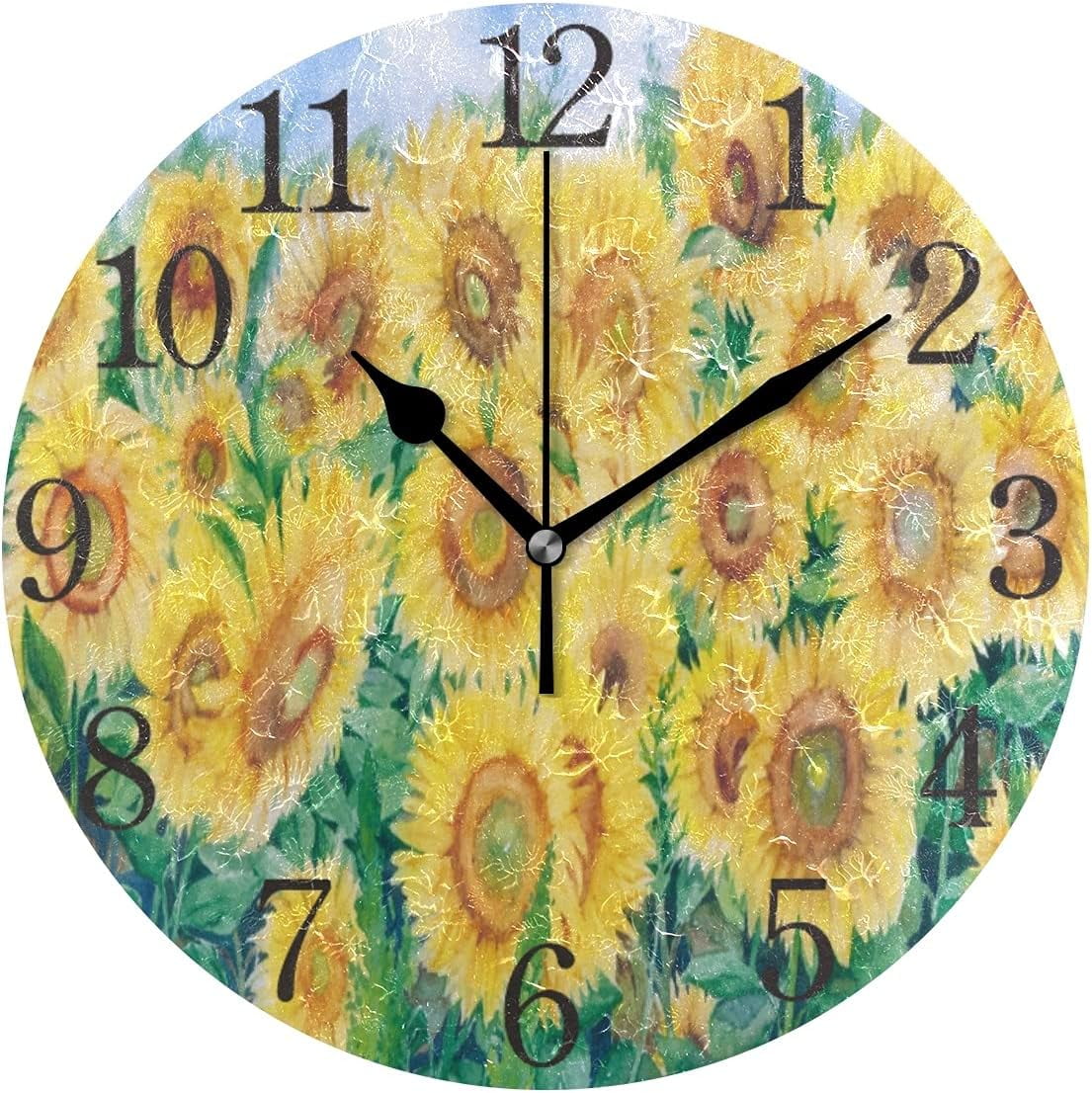 Silent Non Ticking Round Wall Clock, Bright Summer Sunflower Field Home ...