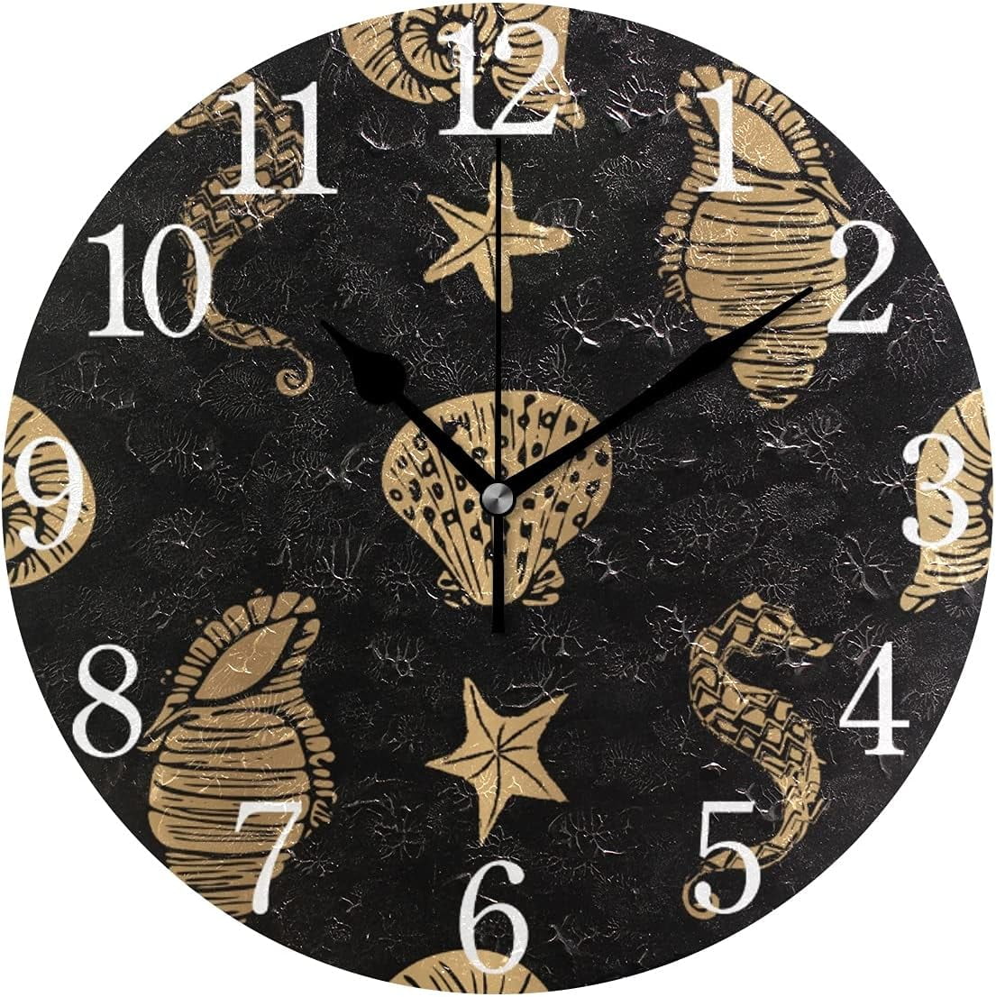 Silent Non Ticking Round Wall Clock, Elegant Gold and Black Seahorse ...
