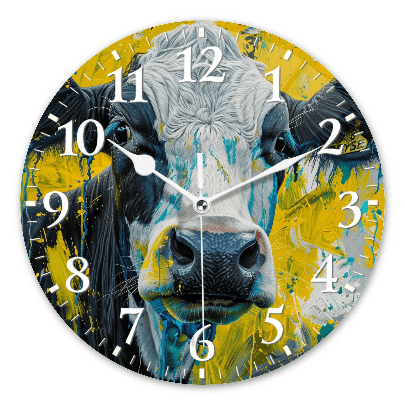 Round Wall Clock,Abstract Painting Of Black And White Cow,Silent Non ...