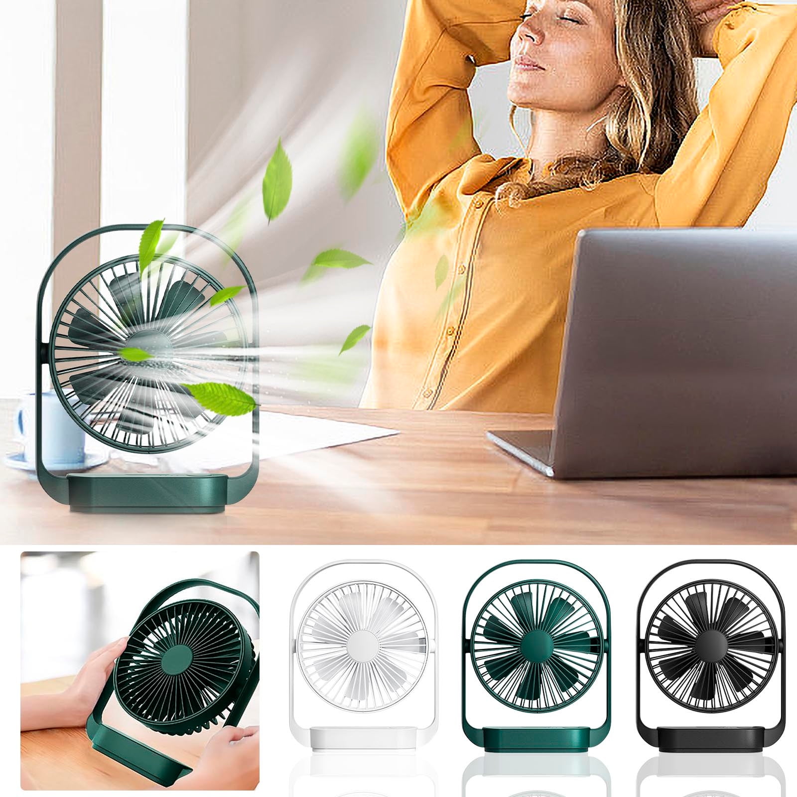 Silent USB Fan, Rechargeable Office Desk Fan, 5-LED Night Light ...