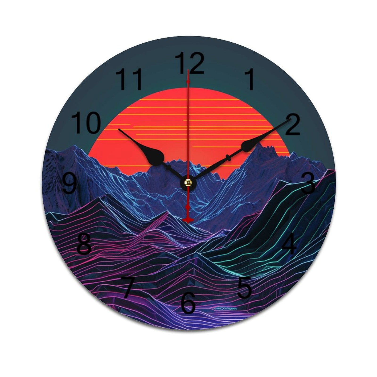 Silent Wall Clock 34cm/13.39in Round Wall Clock Cyber Neon Mountains ...