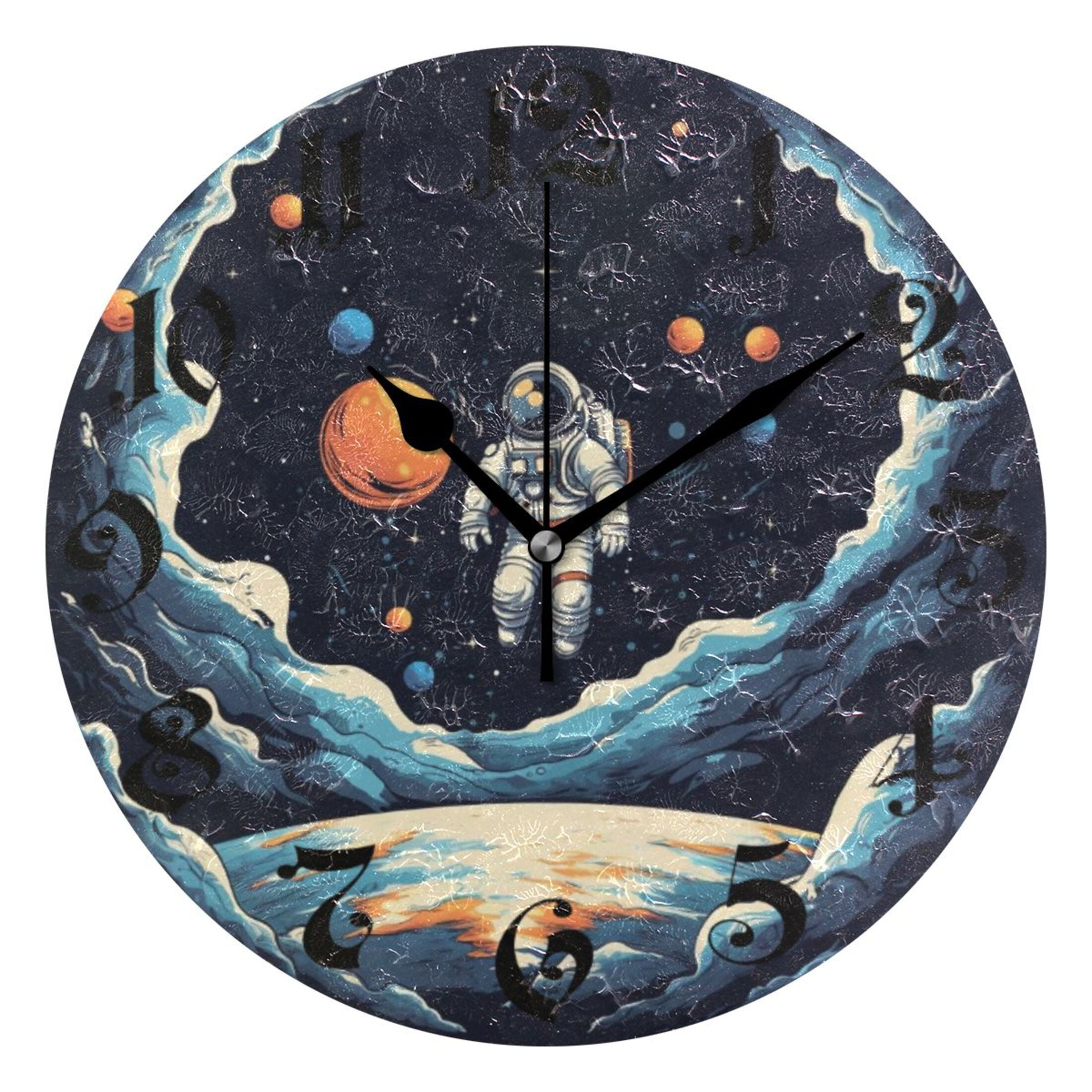 Silent Wall Clock Astronaut Space Universe 10" Non-Ticking Battery ...