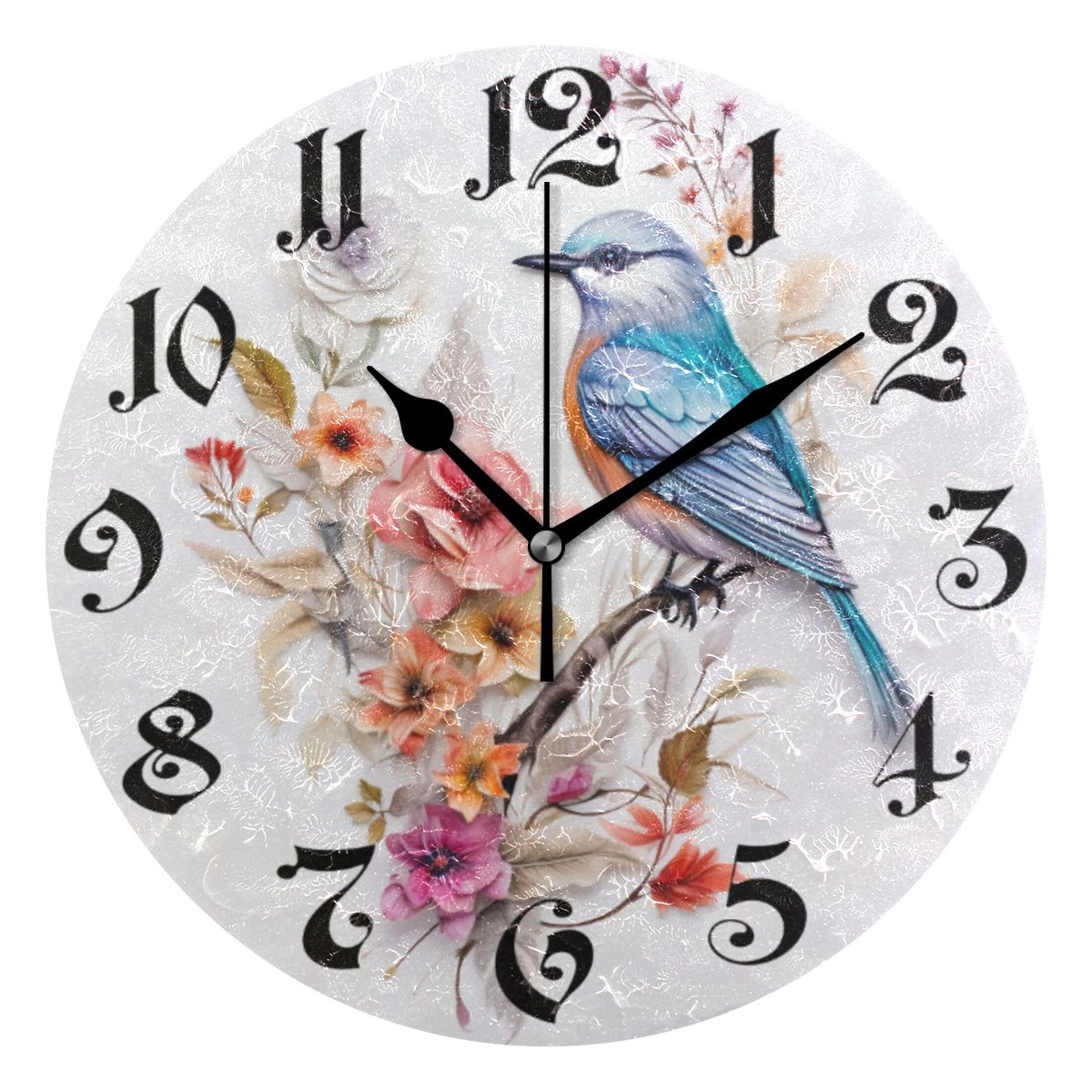 Silent Wall Clock Bird on Beautiful Floral Branch 10" Non-Ticking ...