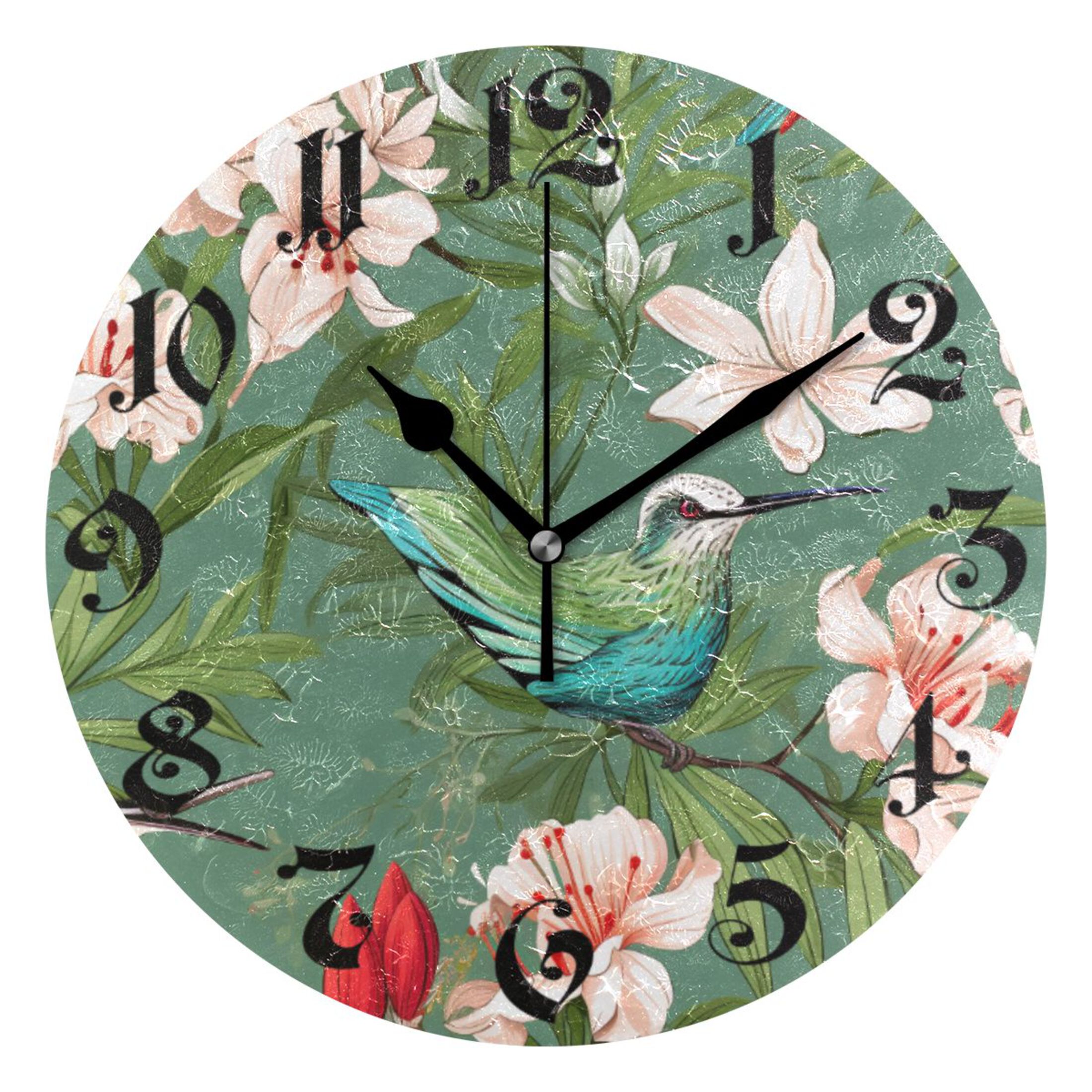 Silent Wall Clock Birds in Lily Floral 10" Non-Ticking Battery Clock ...