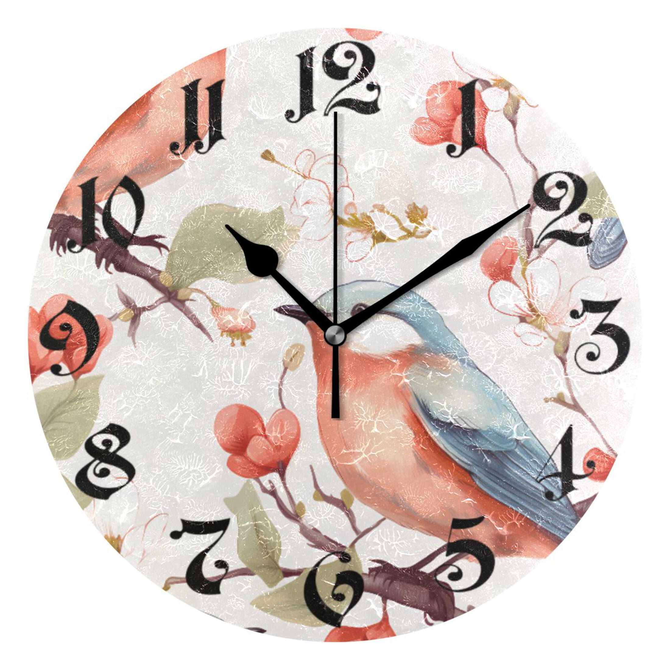 Silent Wall Clock Birds on Cherry Branch 10" Non-Ticking Battery Clock ...