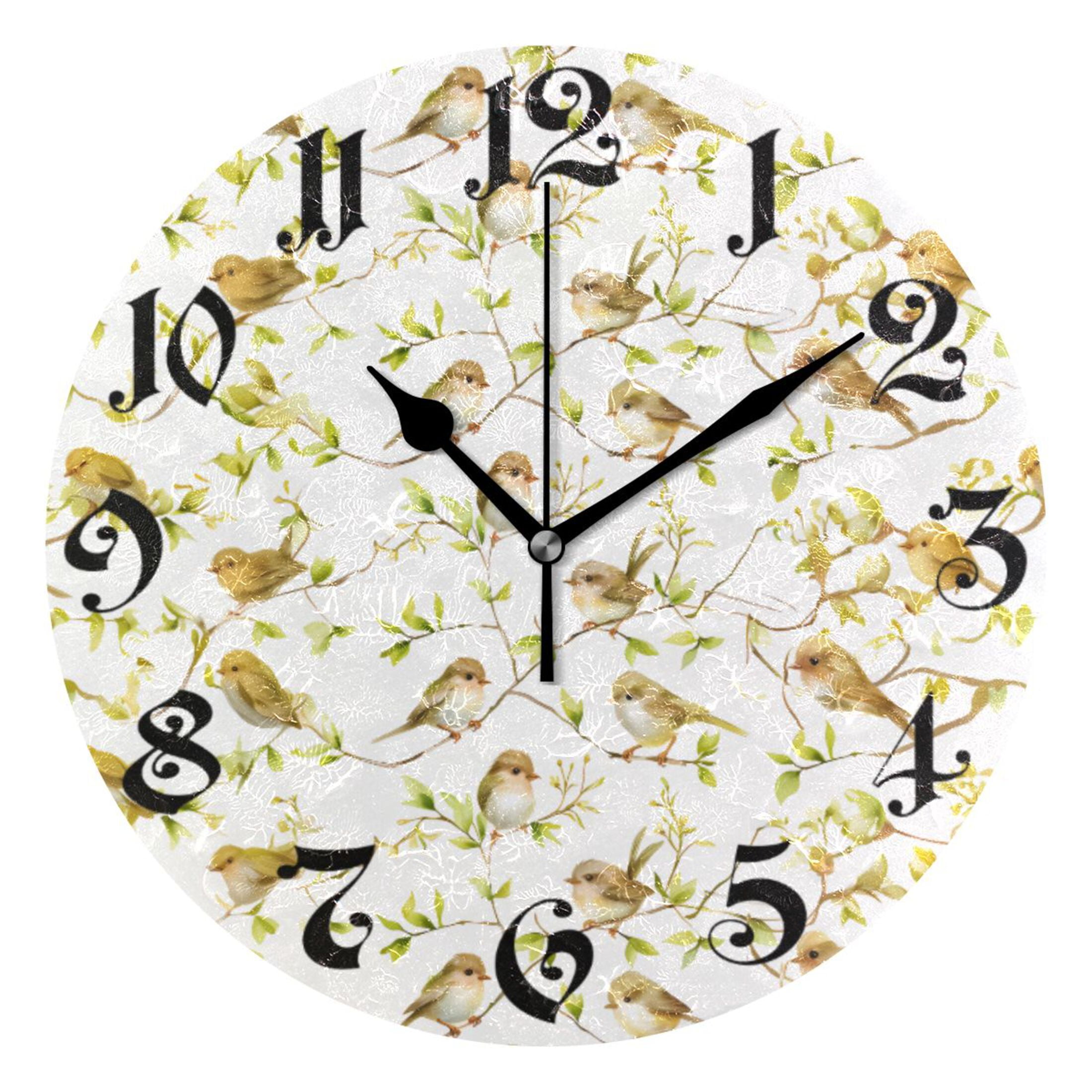 Silent Wall Clock Birds on Tree Branch 10" Non-Ticking Battery Clock ...