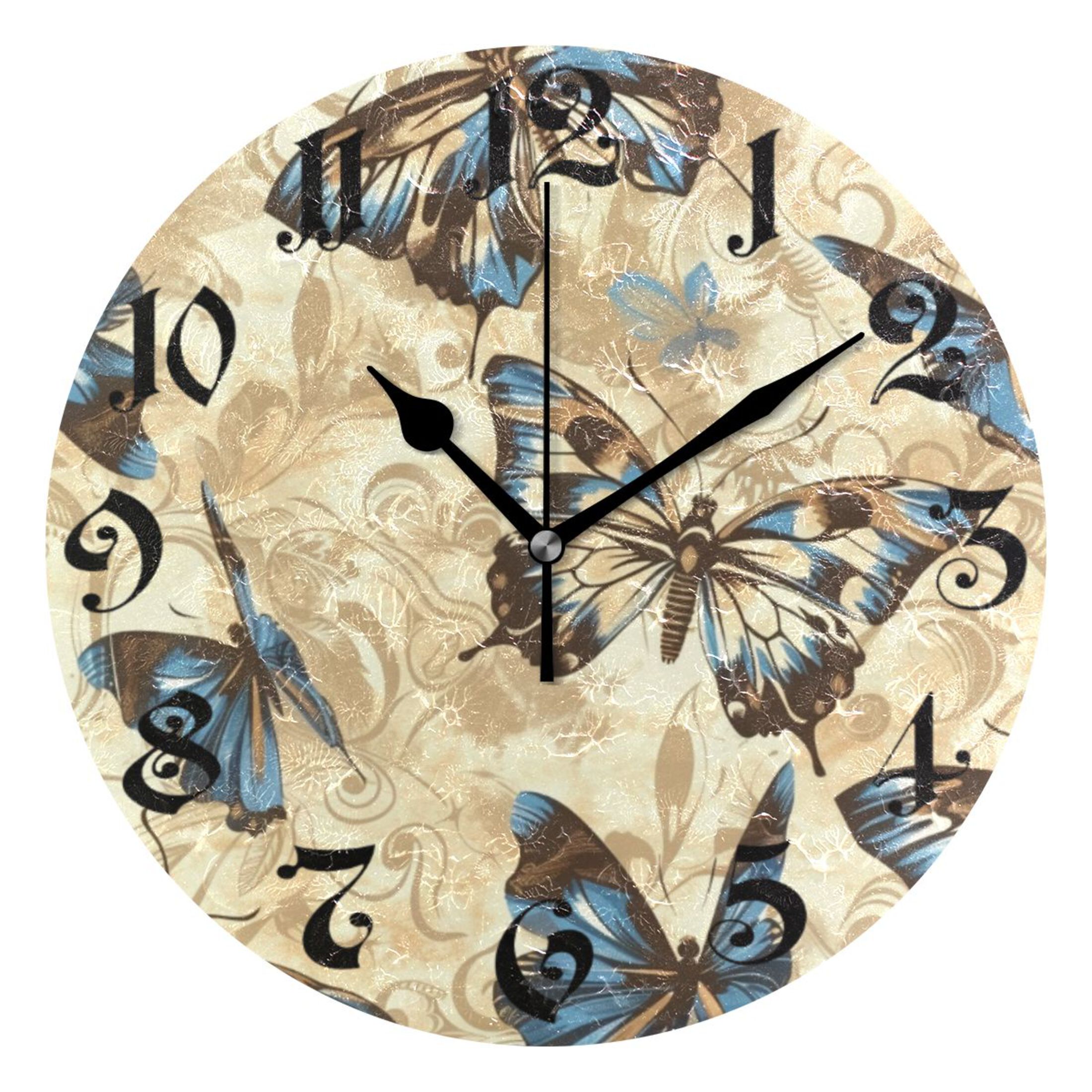 Silent Wall Clock Blue Butterflies 10" Non-Ticking Battery Clock Rustic ...