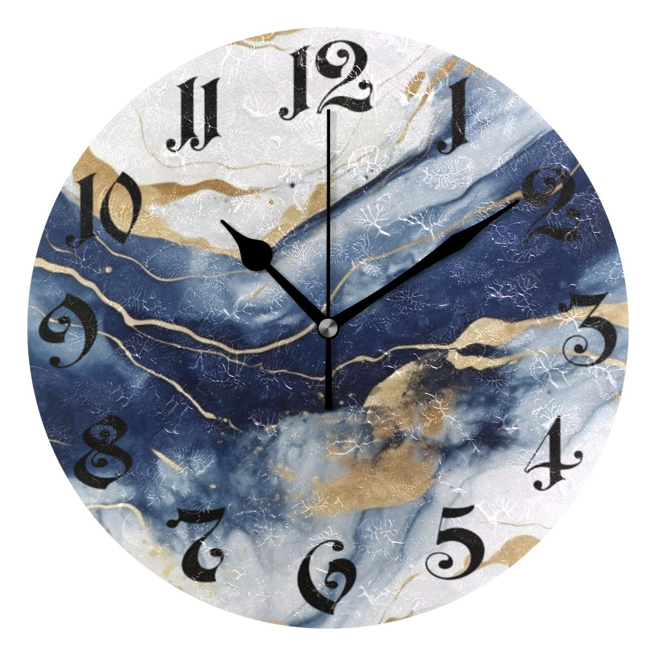 Silent Wall Clock Blue Marble with Gold 10" Non-Ticking Battery Clock ...