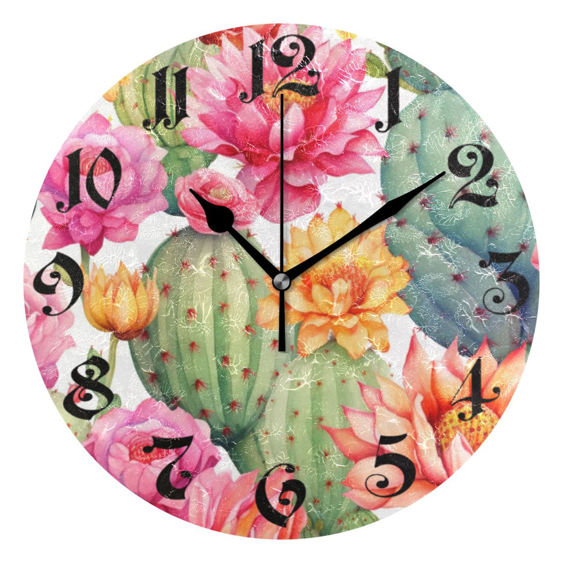 Silent Wall Clock Cactus and Flowers 10" Non-Ticking Battery Clock ...
