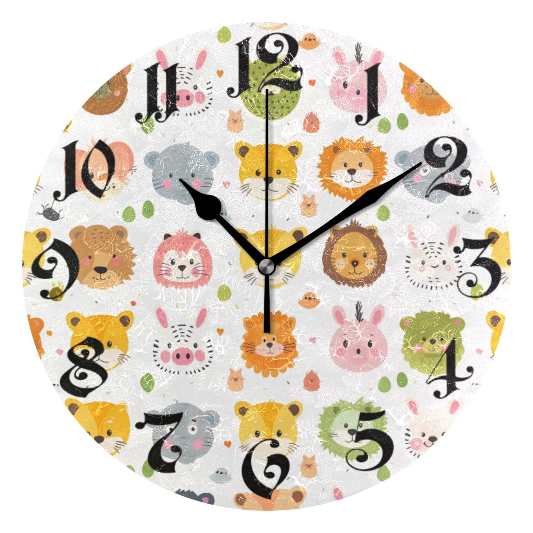 Silent Wall Clock Cartoon Animals Cats Lions 10" Non-Ticking Battery ...