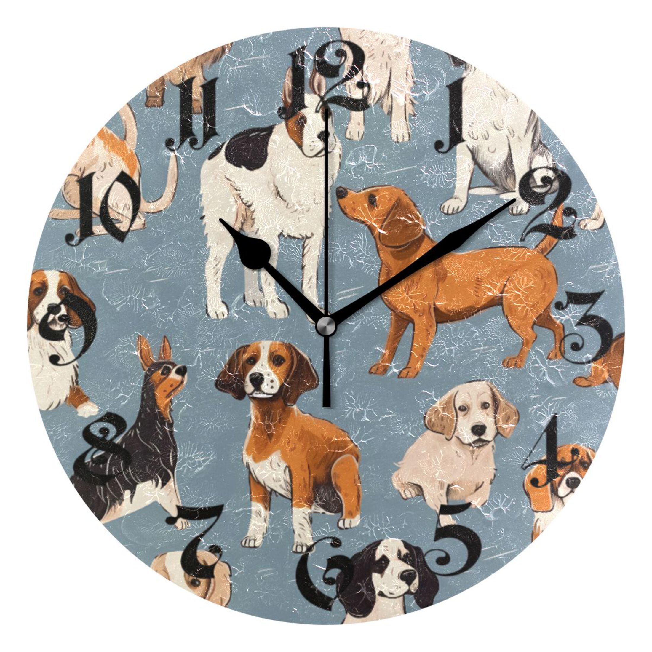 Silent Wall Clock Cartoon Different Beagles Dogs 10" Non-Ticking Battery Clock Rustic Retro Home ...