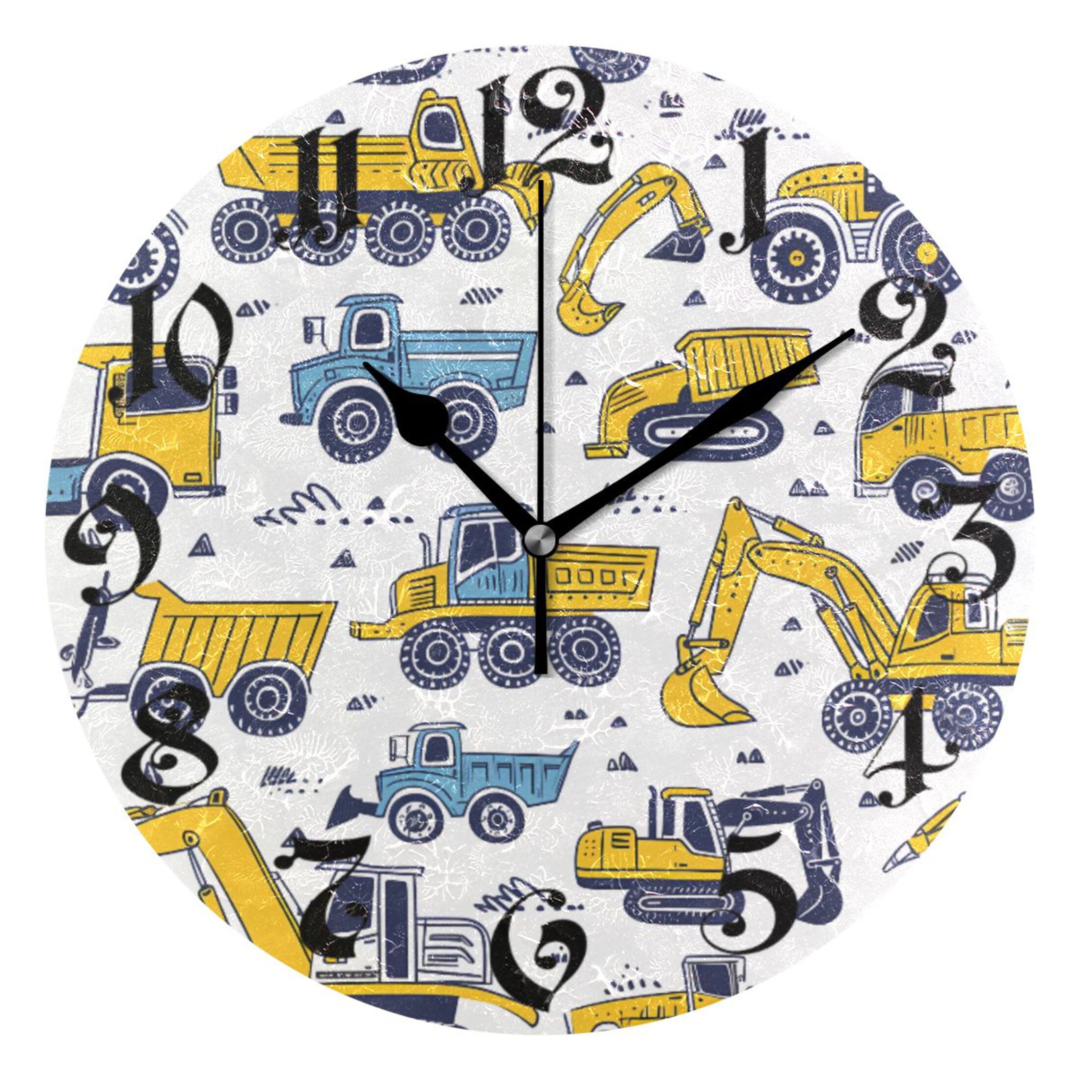Silent Wall Clock Cartoon Excavator and Trucks 10" Non-Ticking Battery ...