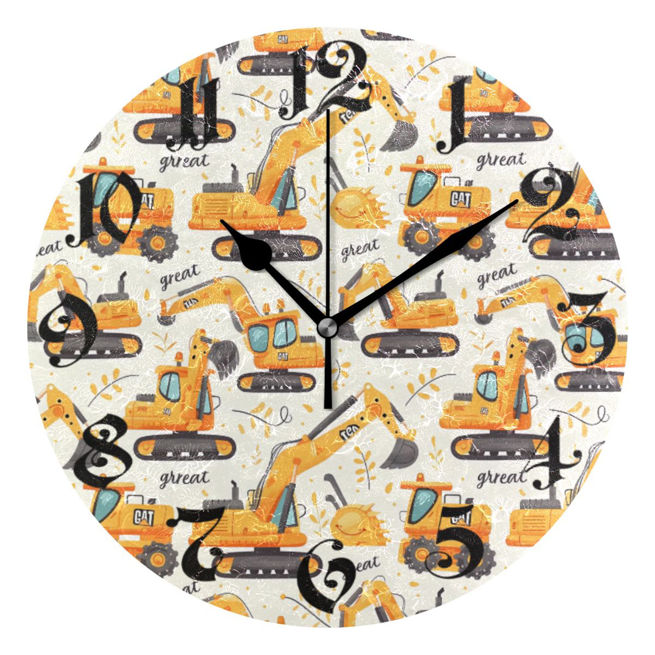 Silent Wall Clock Cartoon Excavators Cute 10" Non-Ticking Battery Clock ...