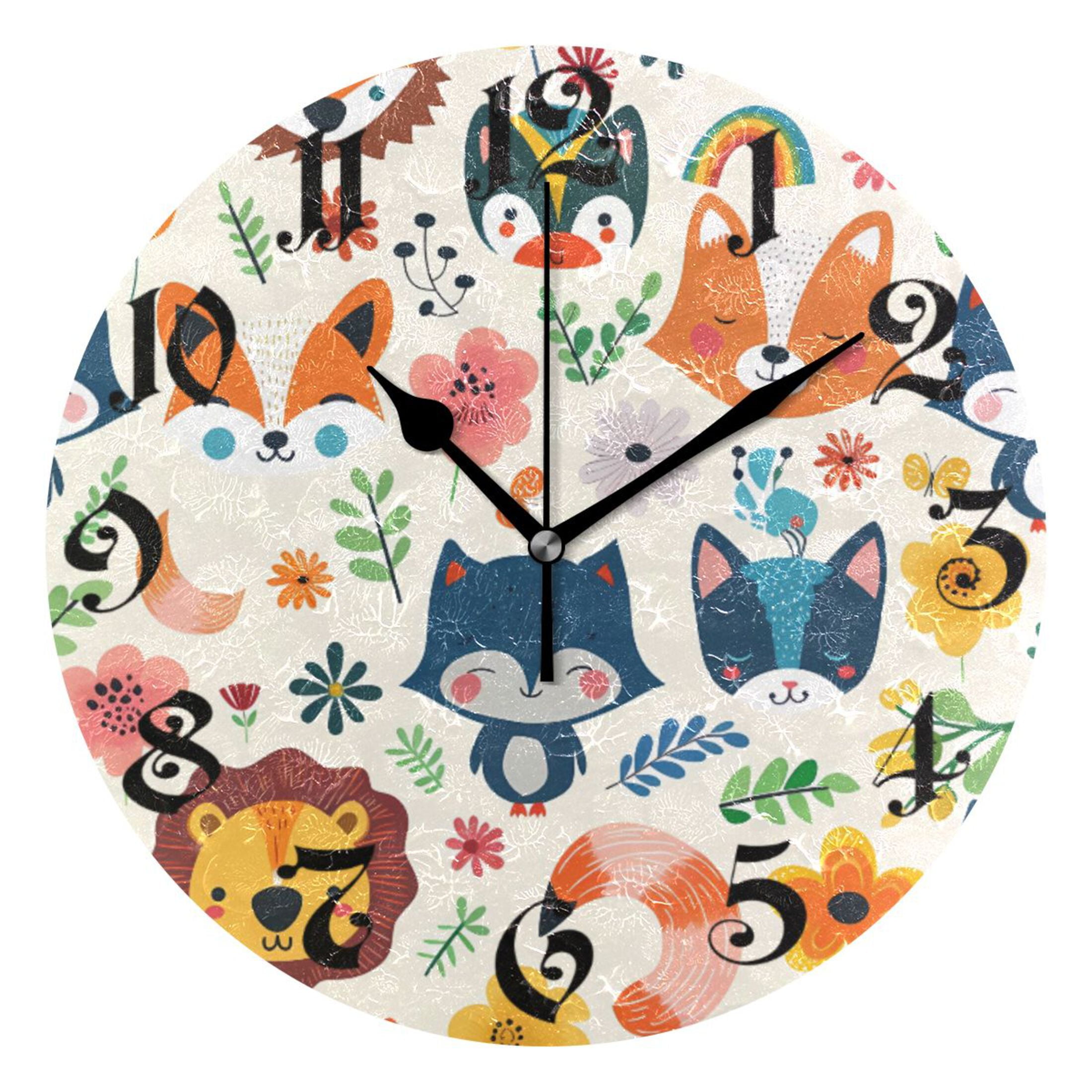 Silent Wall Clock Cartoon Foxes Animals 10" Non-Ticking Battery Clock ...