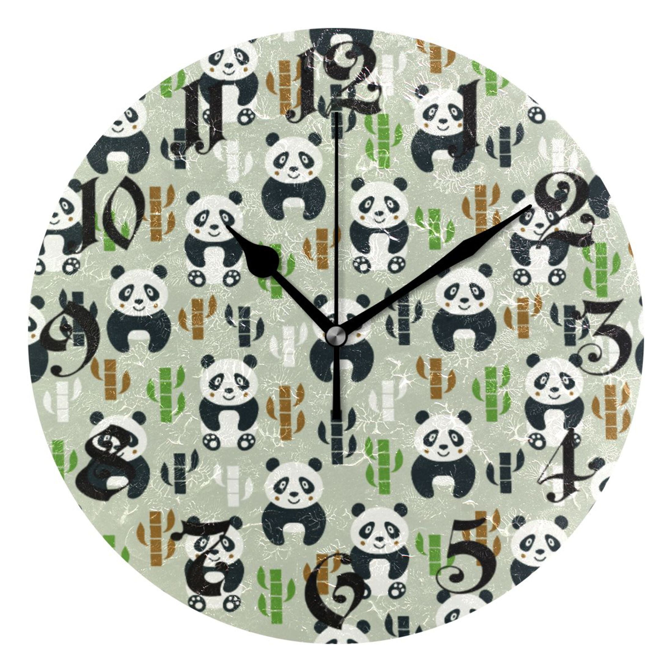 Silent Wall Clock Cartoon Pandas and Bamboos 10" Non-Ticking Battery ...