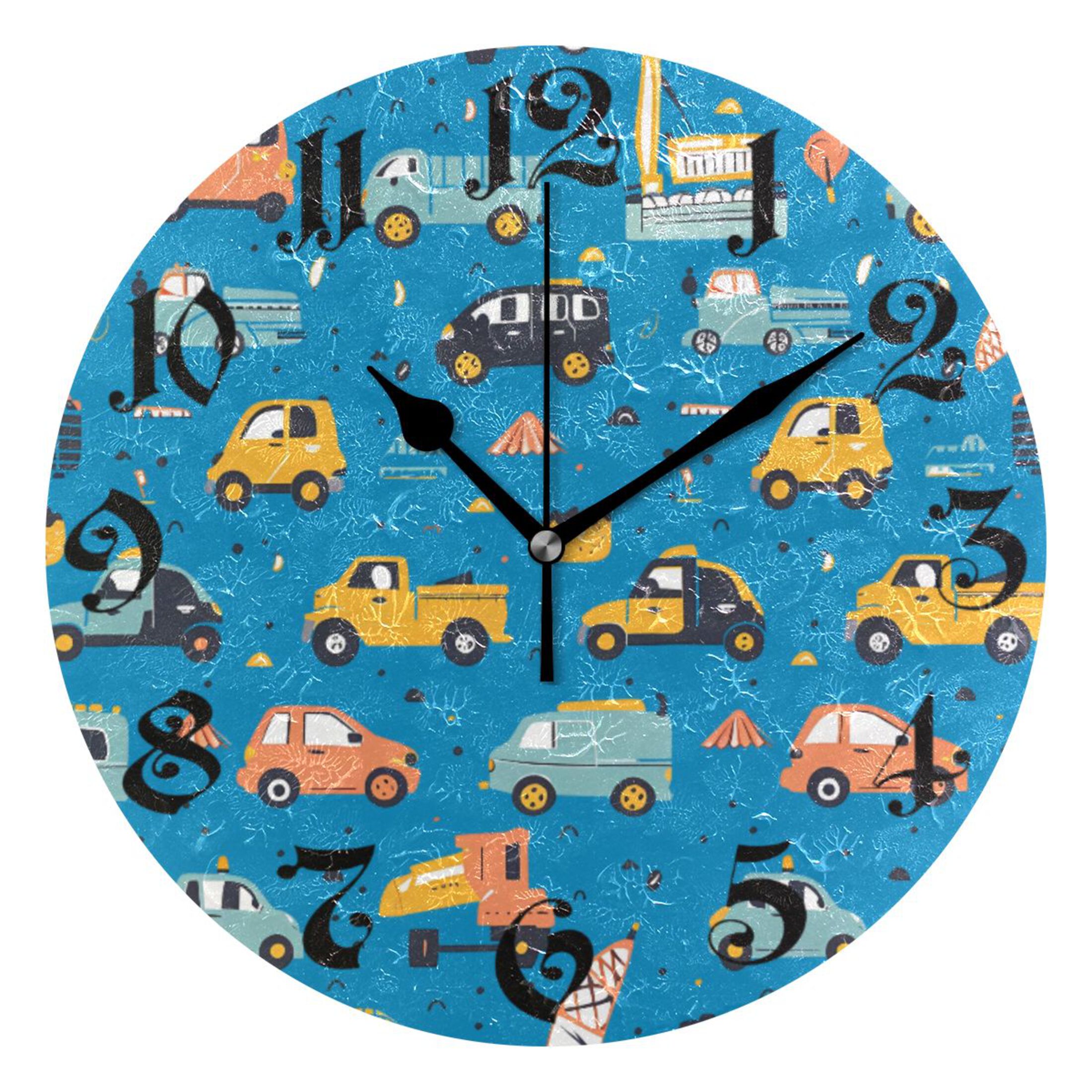 Silent Wall Clock Cartoon Trucks Cars on Blue 10" Non-Ticking Battery ...