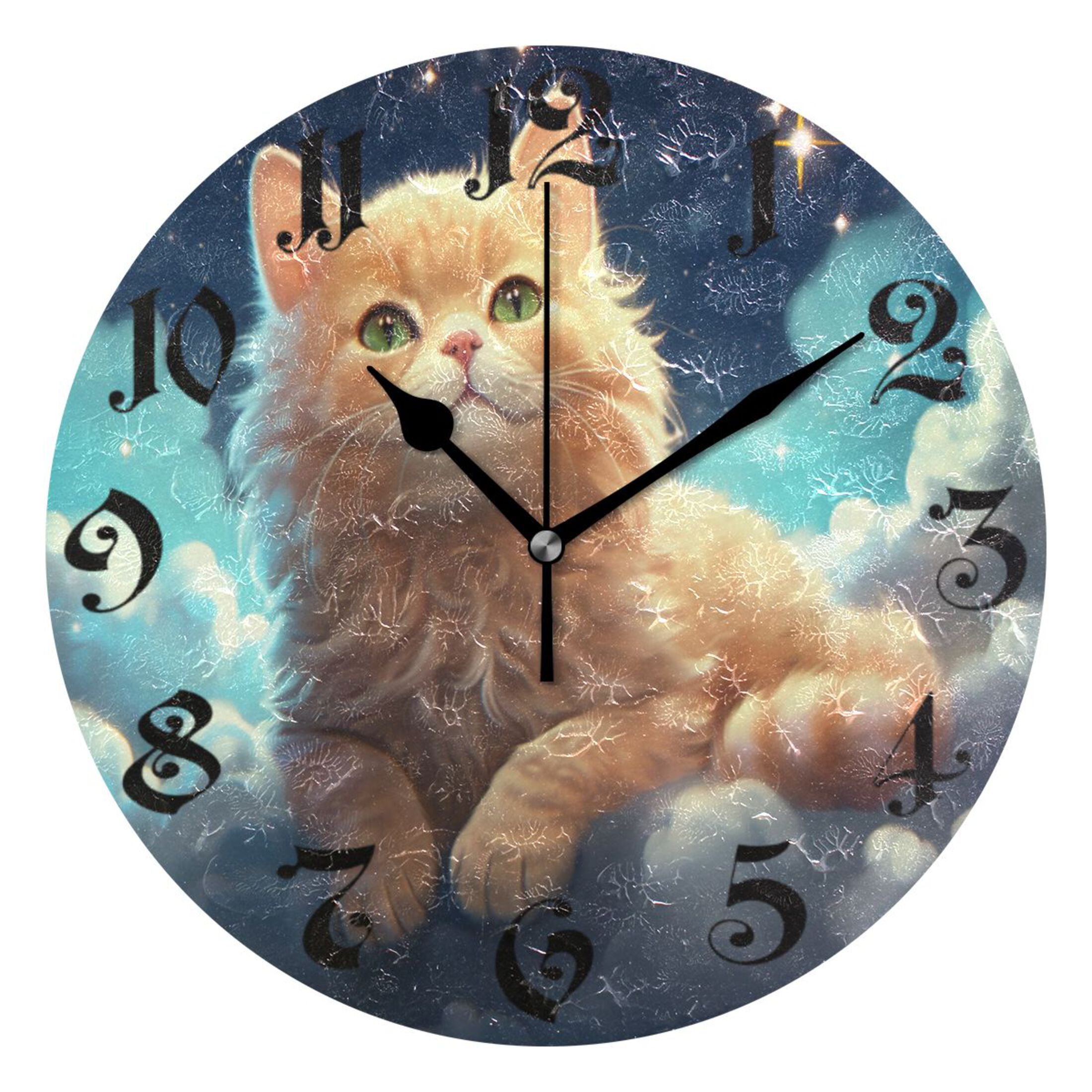 Silent Wall Clock Cat on Clouds and Stars 10" Non-Ticking Battery Clock ...
