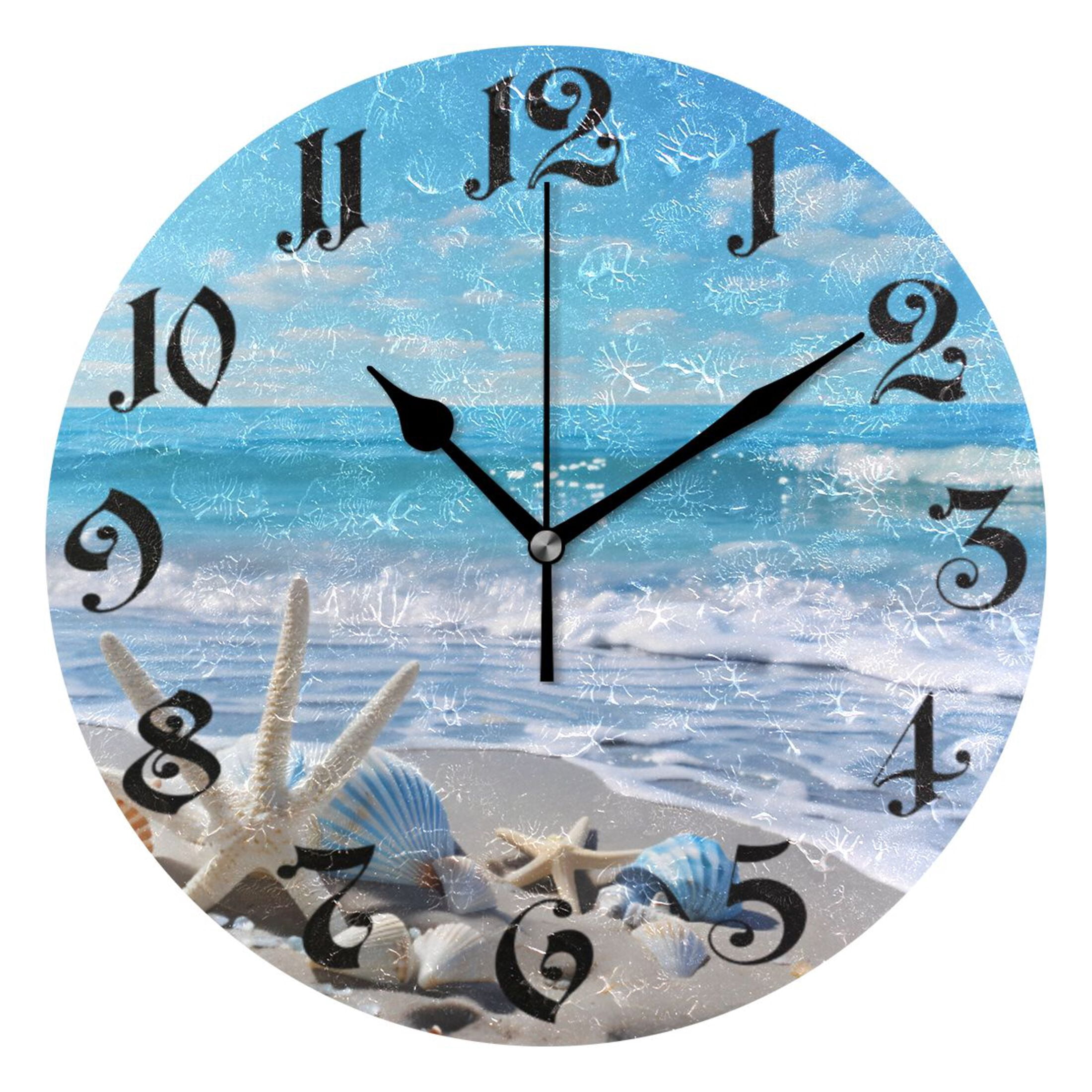 Silent Wall Clock Conch Seastar on Summer Beach 10" Non-Ticking Battery ...