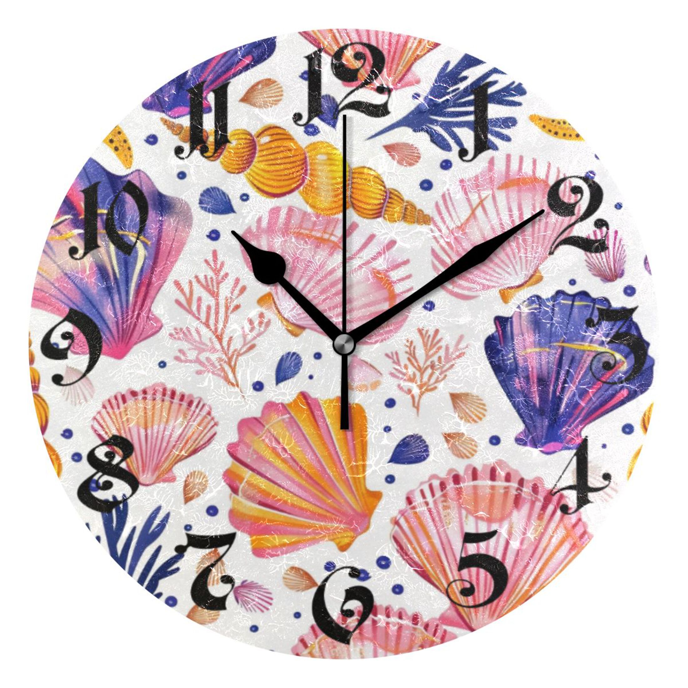 Silent Wall Clock Conch and Sea Shells Leaves 10" Non-Ticking Battery ...