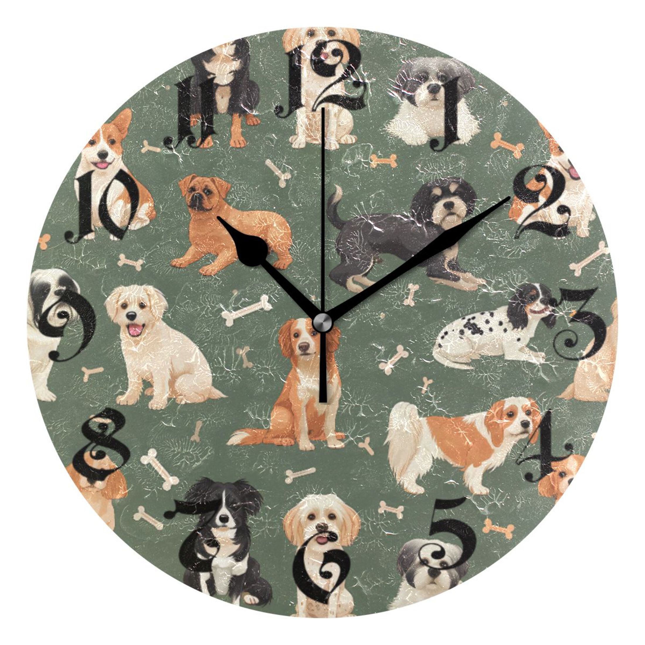 Silent Wall Clock Cute Cartoon Dogs and Bones 10" Non-Ticking Battery ...