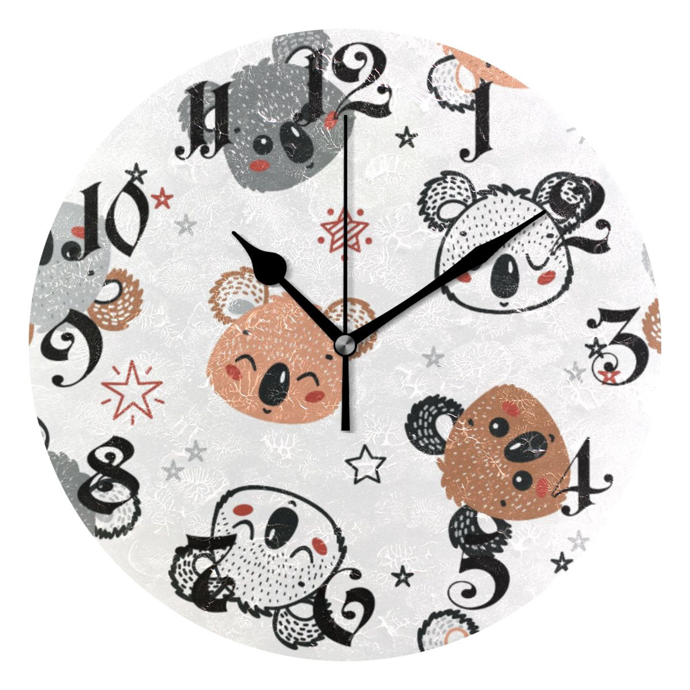 Silent Wall Clock Cute Koala Bears and Stars 10" Non-Ticking Battery ...