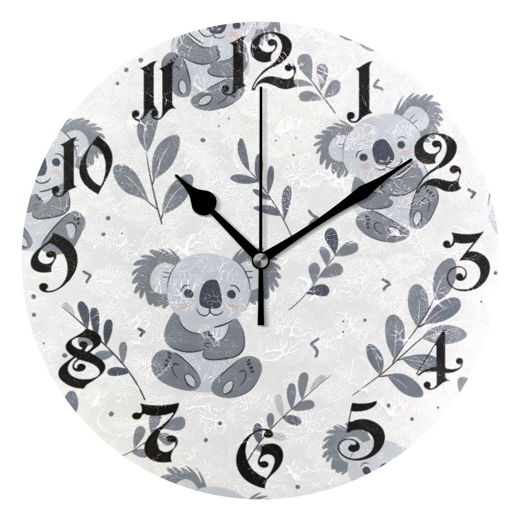 Silent Wall Clock Cute Koala Leaves 10" Non-Ticking Battery Clock ...