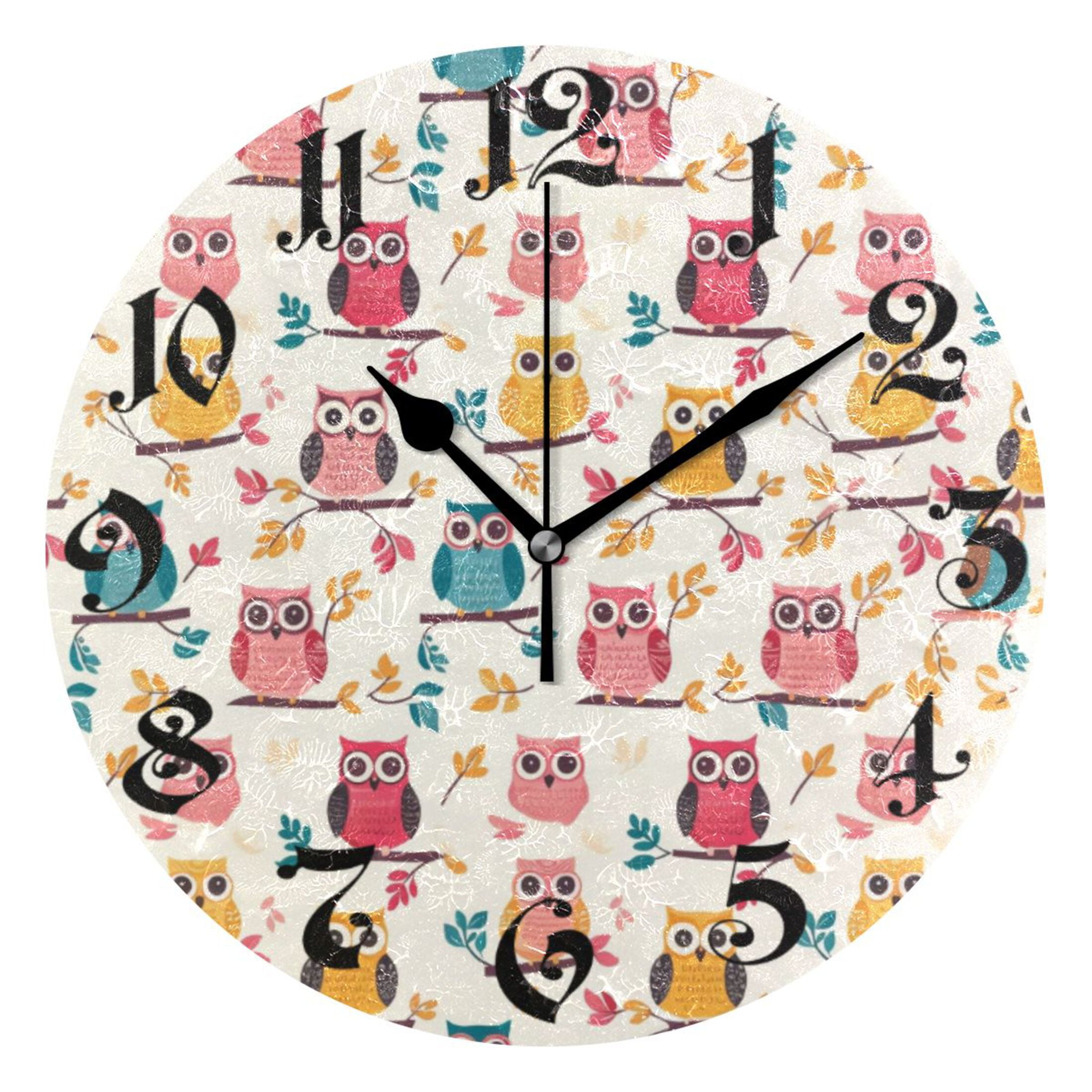 Silent Wall Clock Cute Owls with Leaves 10" Non-Ticking Battery Clock ...