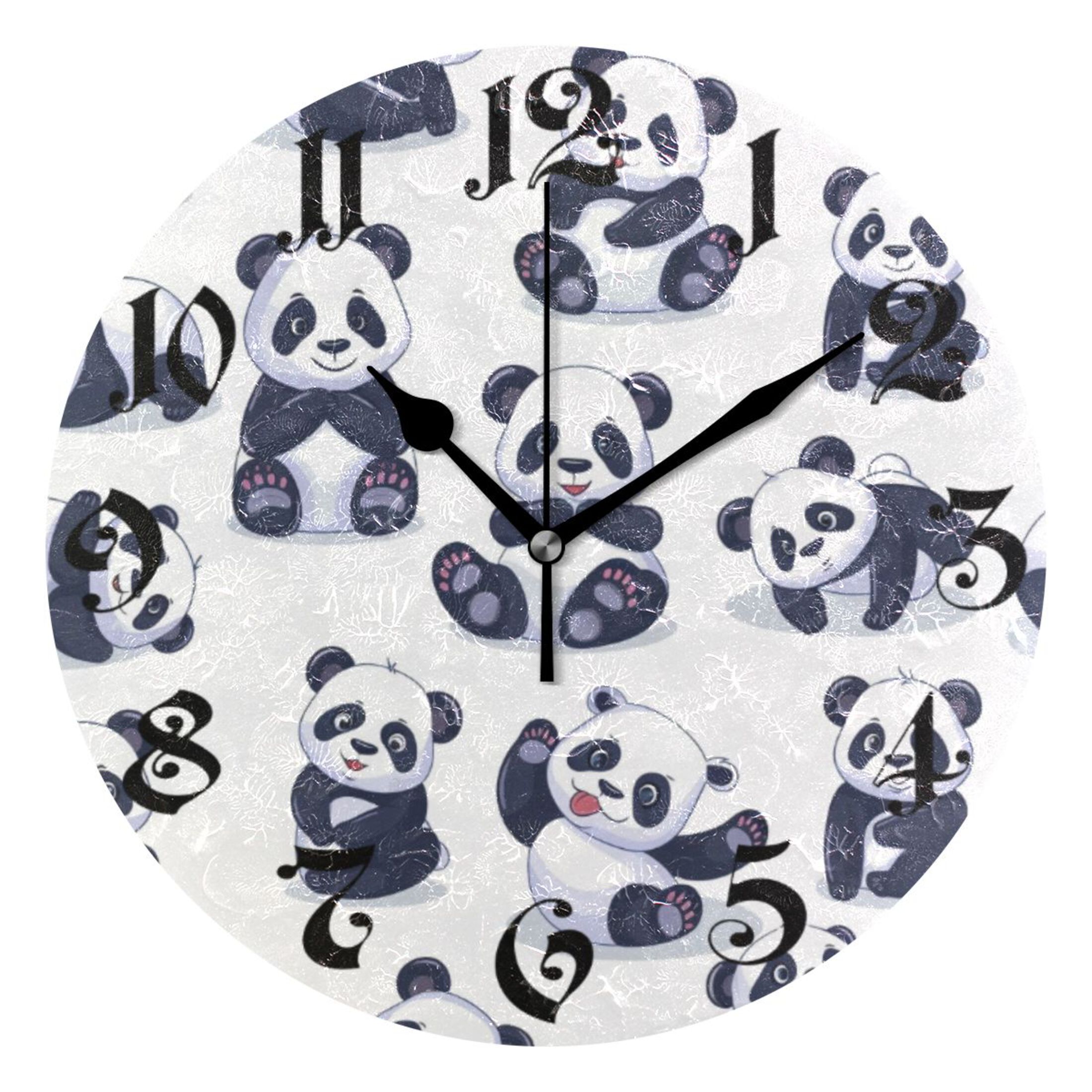 Silent Wall Clock Cute Pandas Cartoon 10" Non-Ticking Battery Clock ...