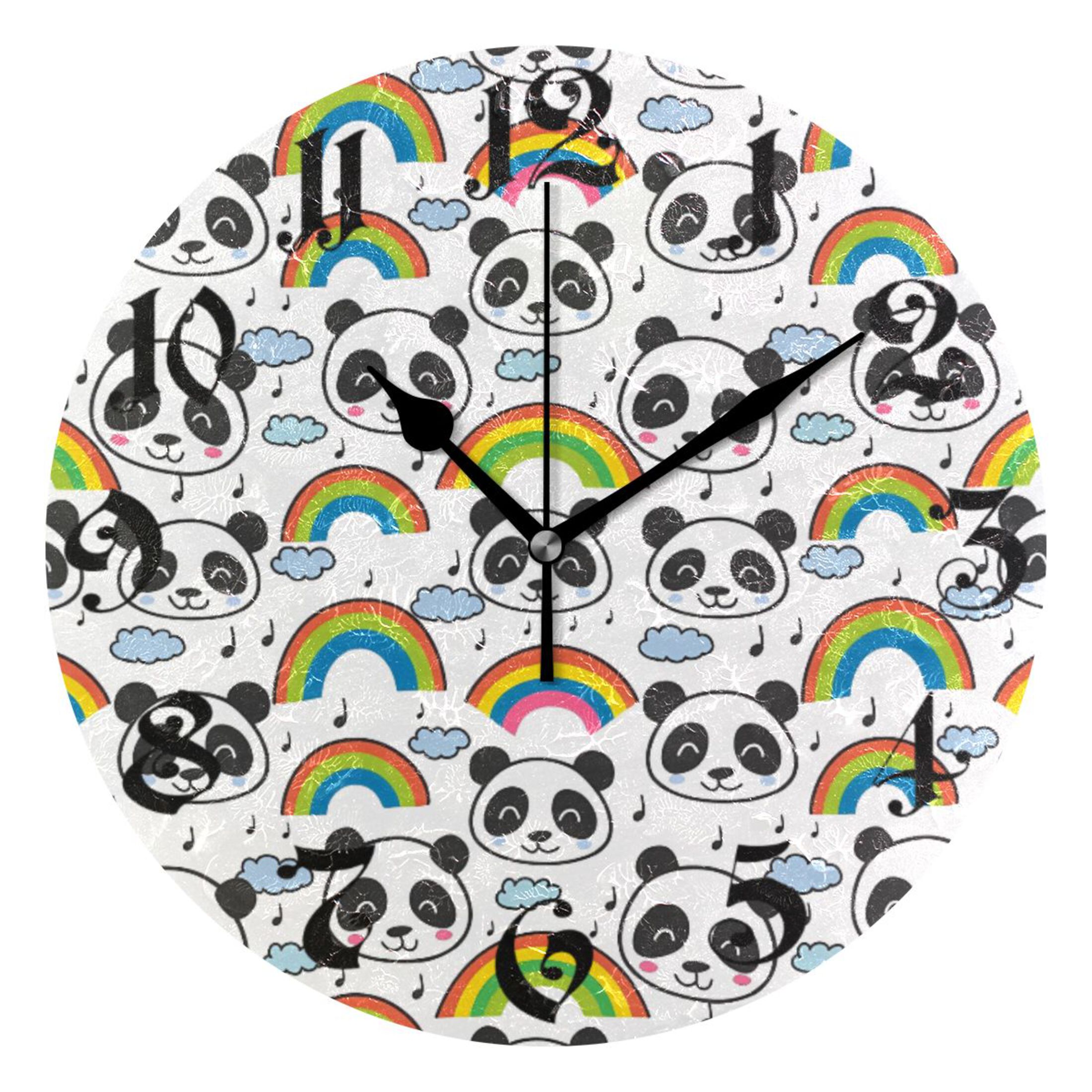 Silent Wall Clock Cute Pandas and Rainbows 10" Non-Ticking Battery ...