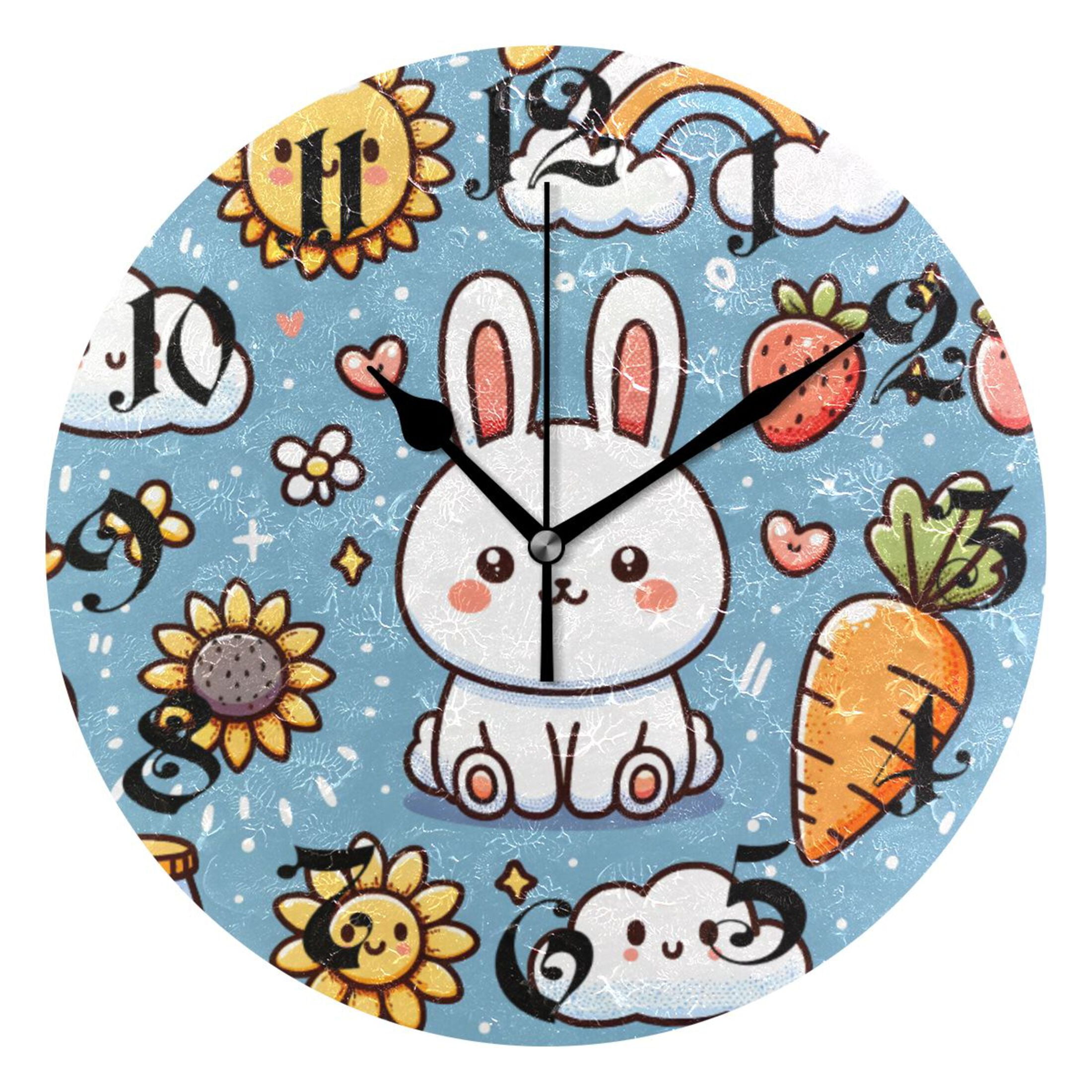 Silent Wall Clock Cute Rabbit Carrot and Flowers 10" Non-Ticking ...