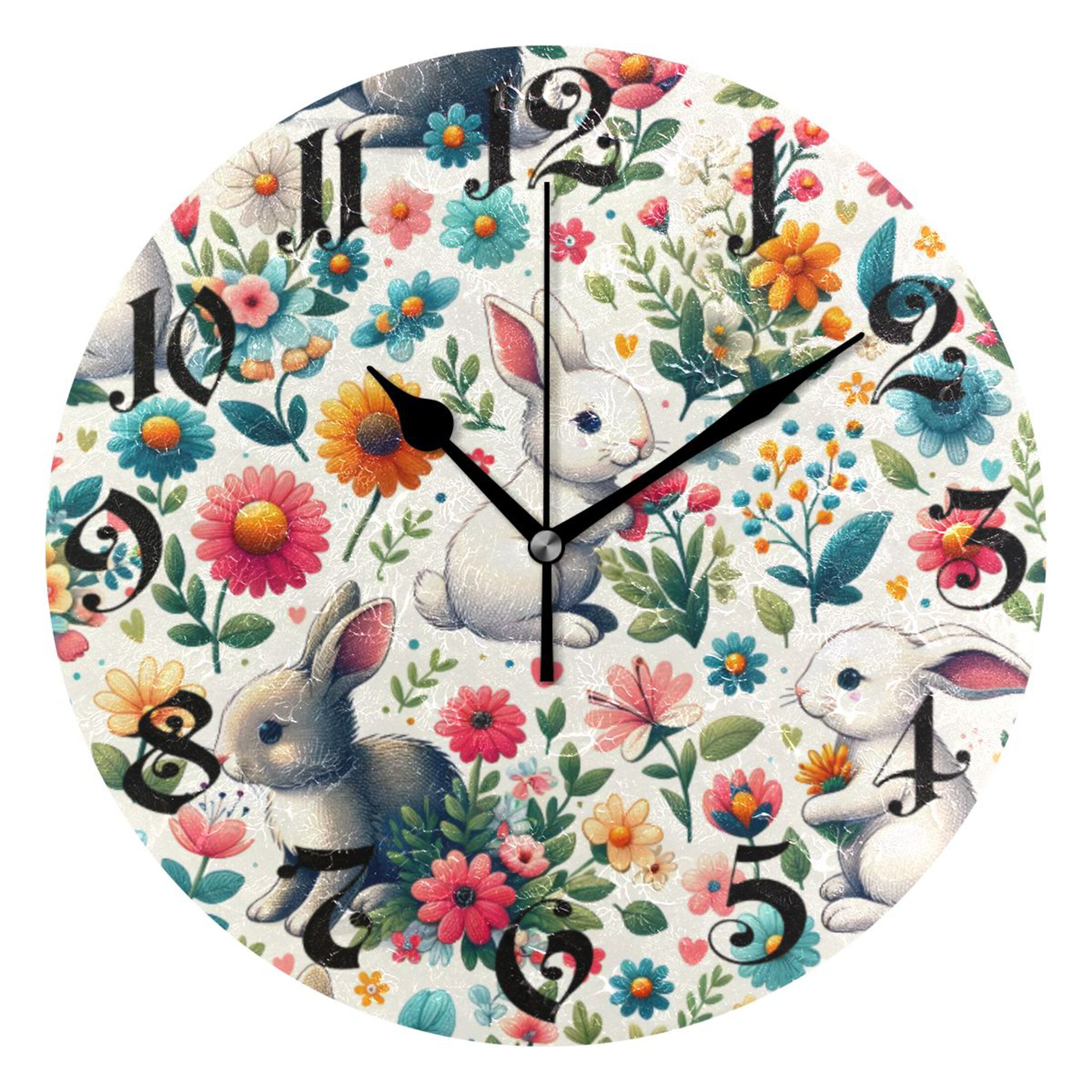 Silent Wall Clock Cute Rabbit in Floral 10" Non-Ticking Battery Clock ...