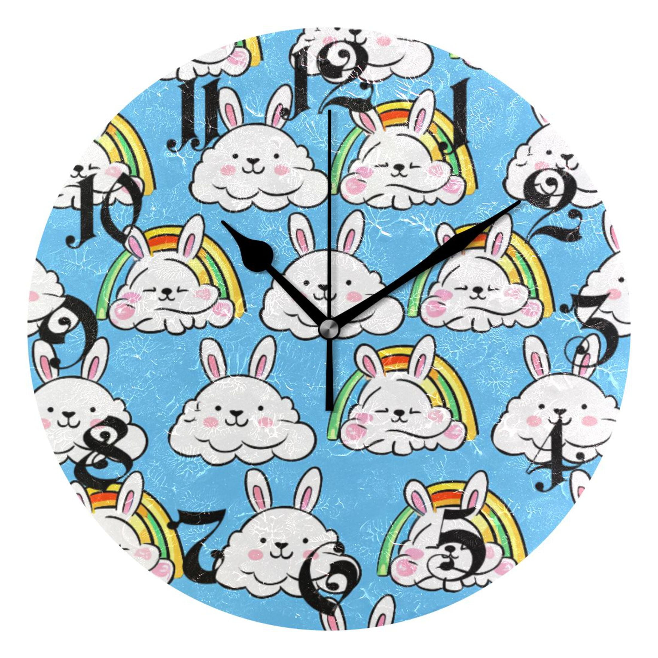 Silent Wall Clock Cute Rabbits and Rainbows 10" Non-Ticking Battery ...