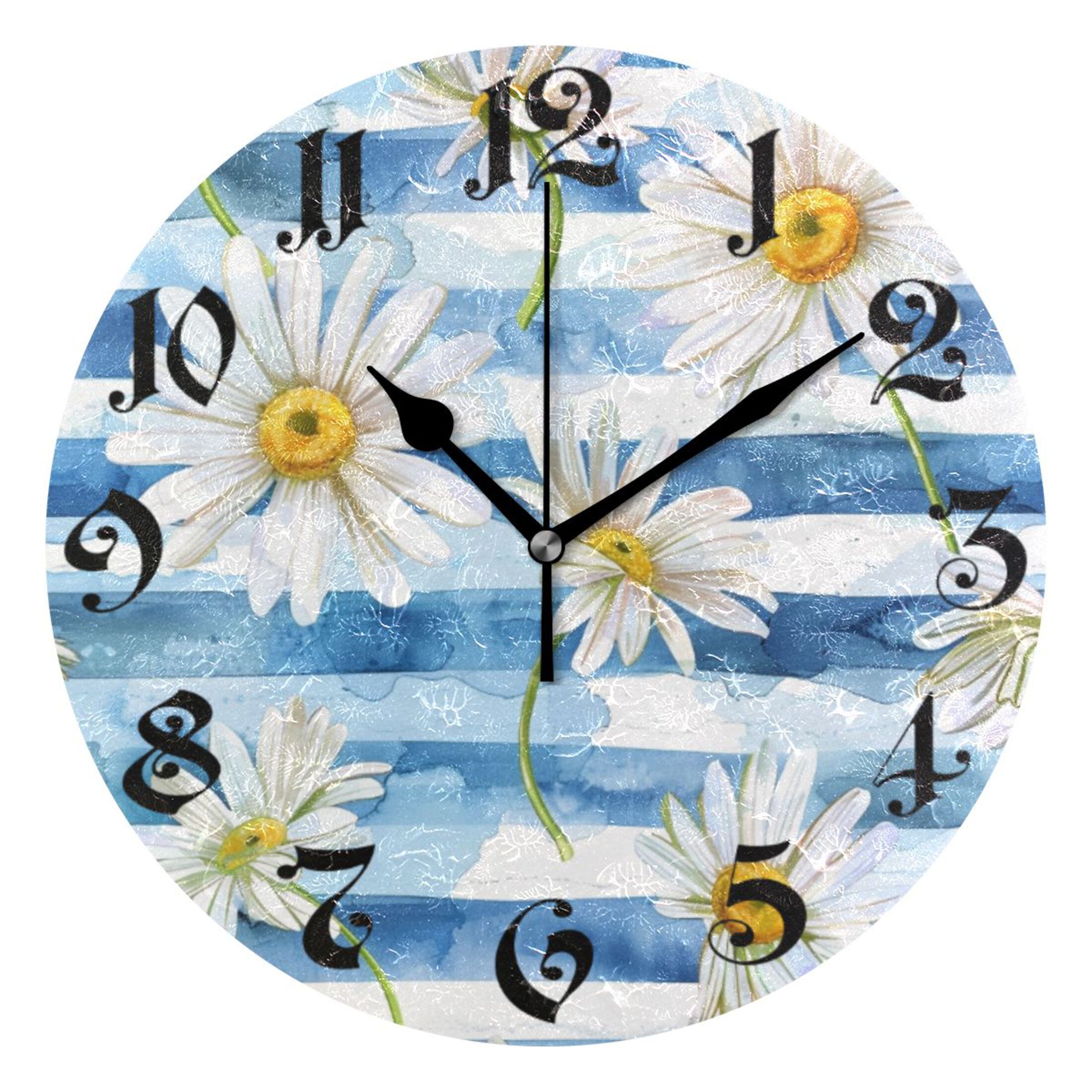 Silent Wall Clock Daisy Flower on Blue Stripe 10" Non-Ticking Battery ...
