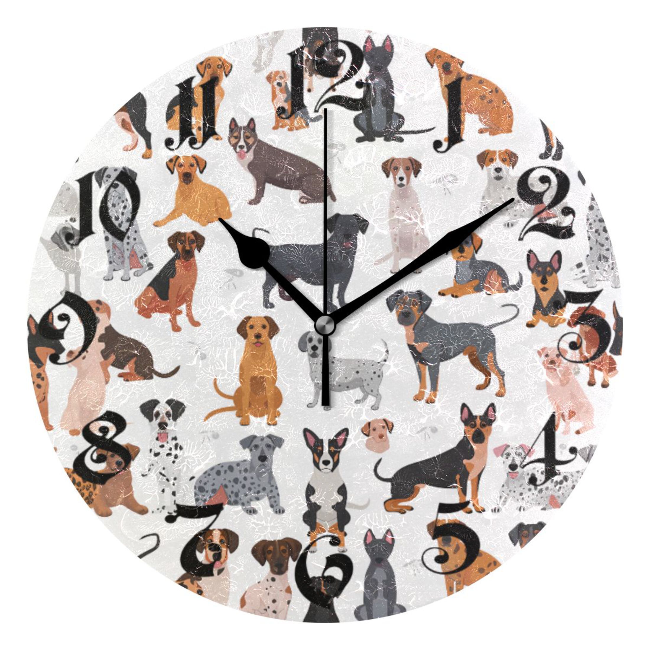Silent Wall Clock Different Cartoon Funny Dogs 10" Non-Ticking Battery ...