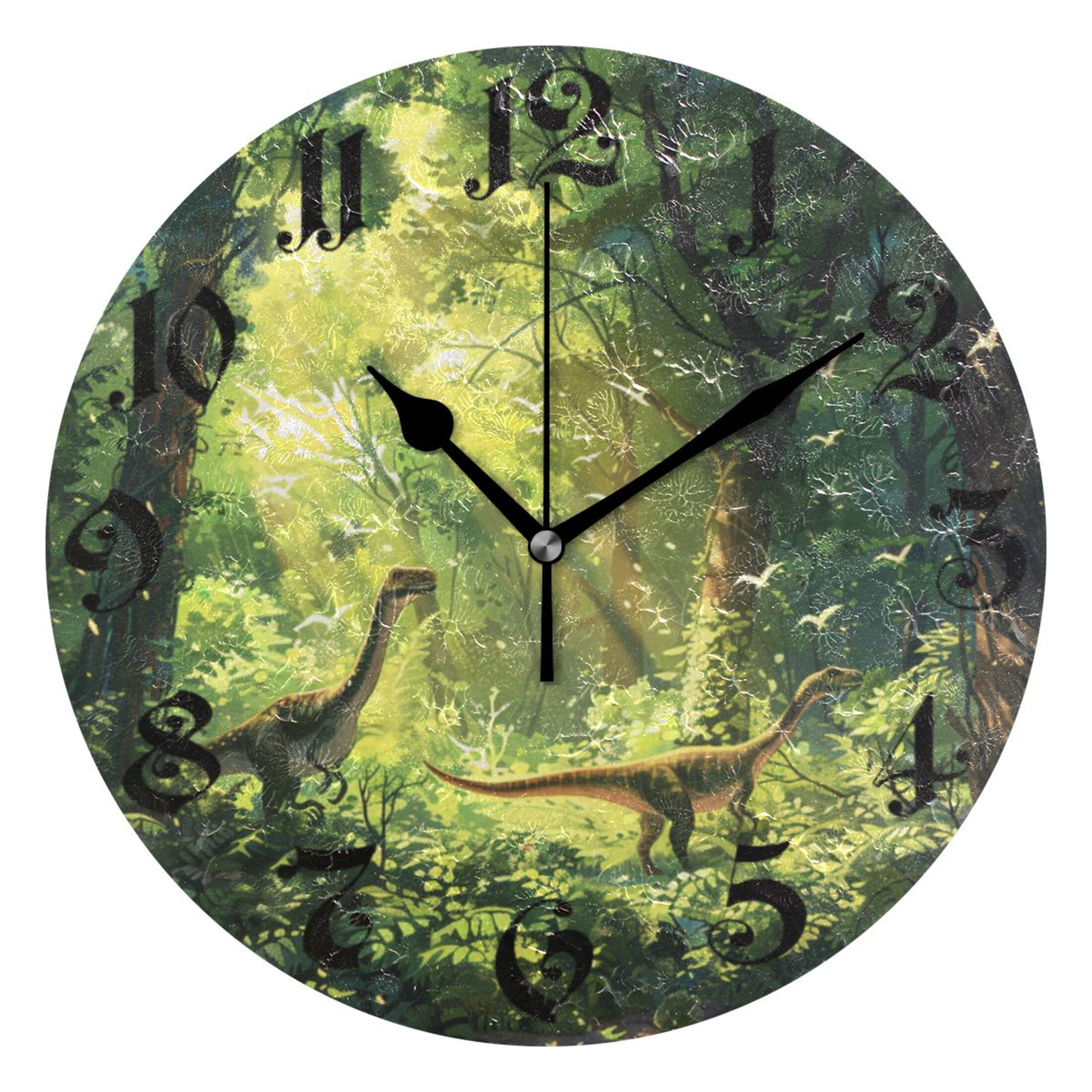 Silent Wall Clock Dinosaurs in Forests 10" Non-Ticking Battery Clock ...
