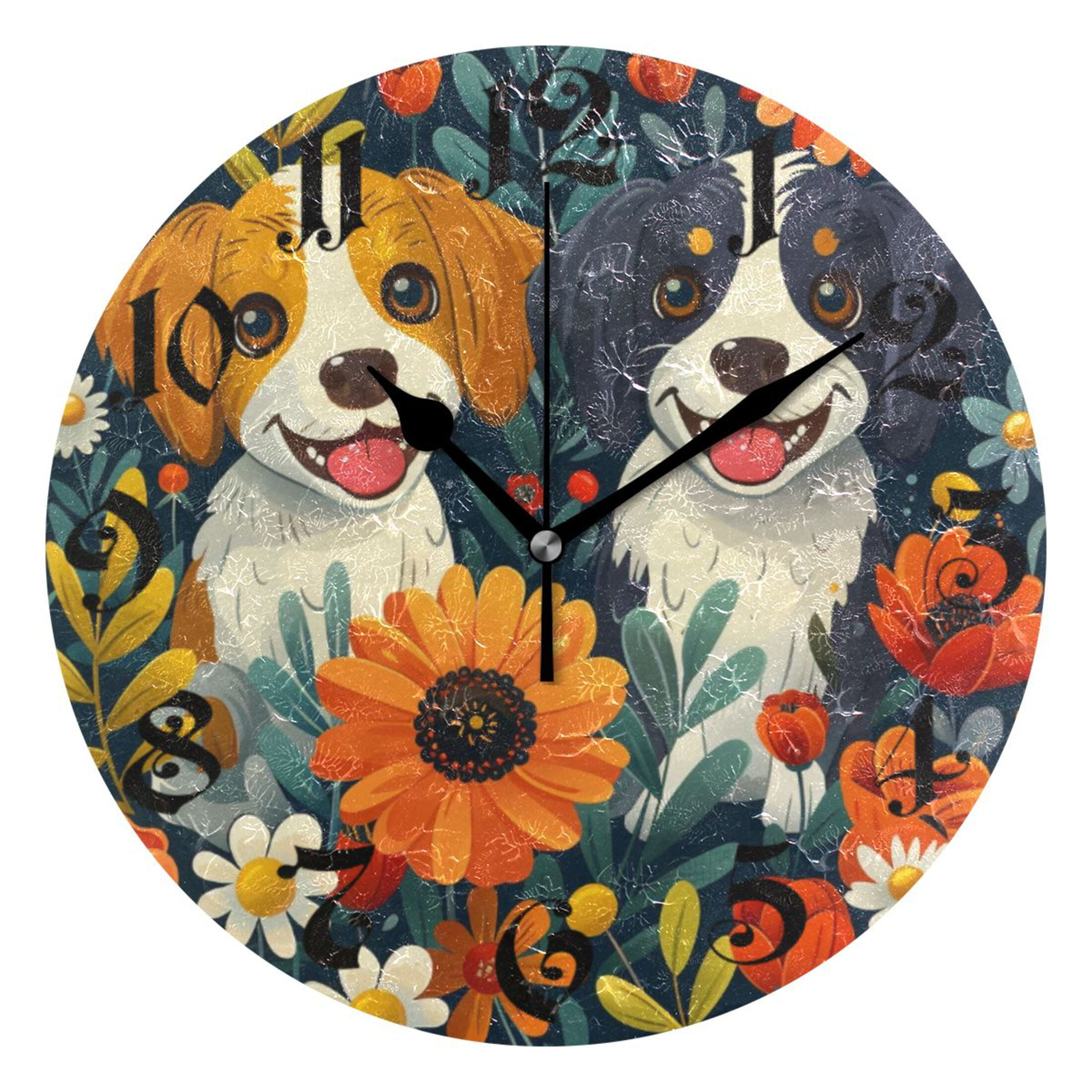 Silent Wall Clock Dog in Flowers 10" Non-Ticking Battery Clock Rustic ...