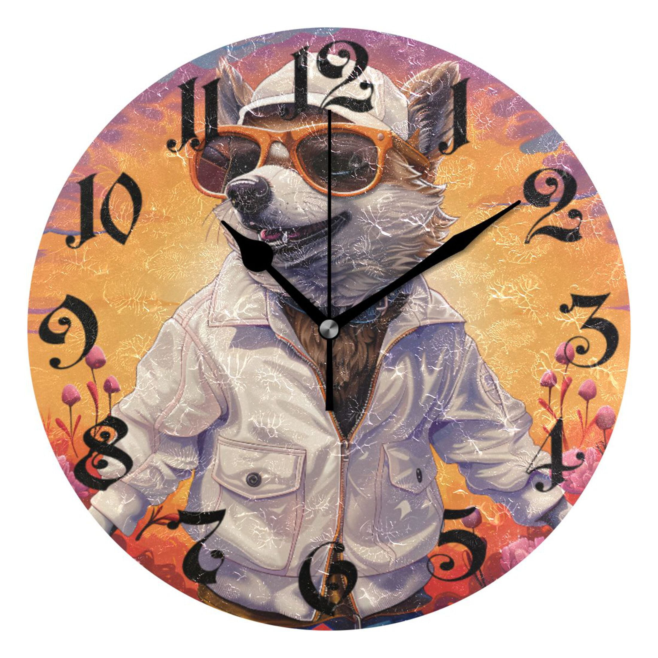 Silent Wall Clock Dog in Wild Flowers with Sunglasses 10" Non-Ticking ...
