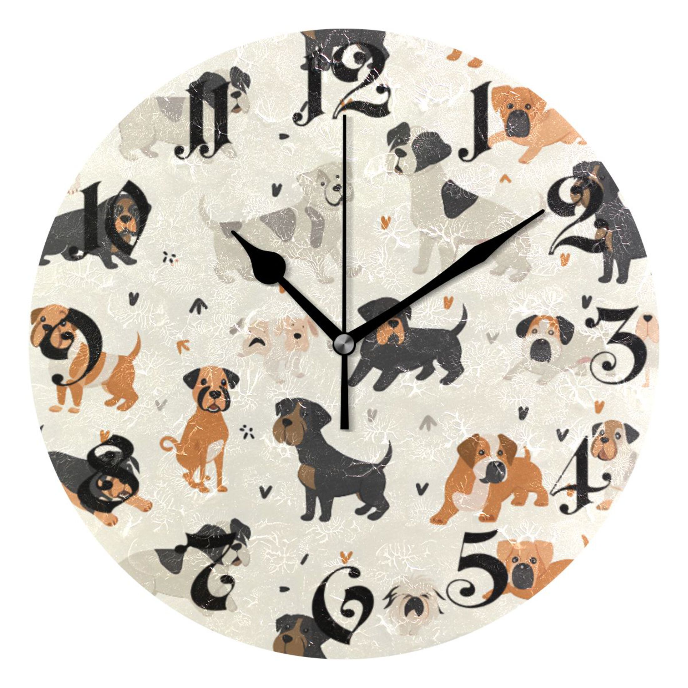 Silent Wall Clock Dogs Cartoon 10" Non-Ticking Battery Clock Rustic ...