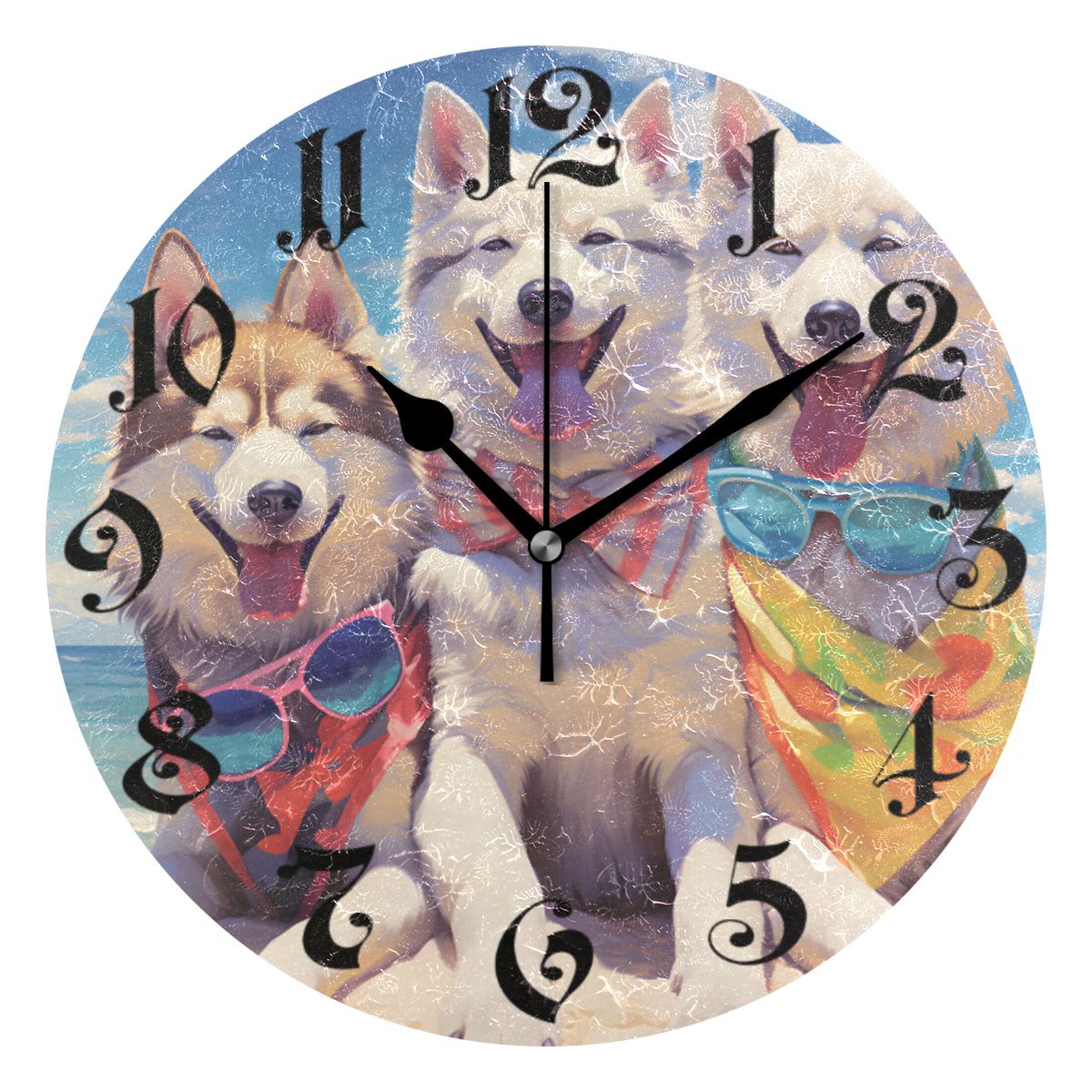 Silent Wall Clock Dogs on Beach 10" Non-Ticking Battery Clock Rustic ...