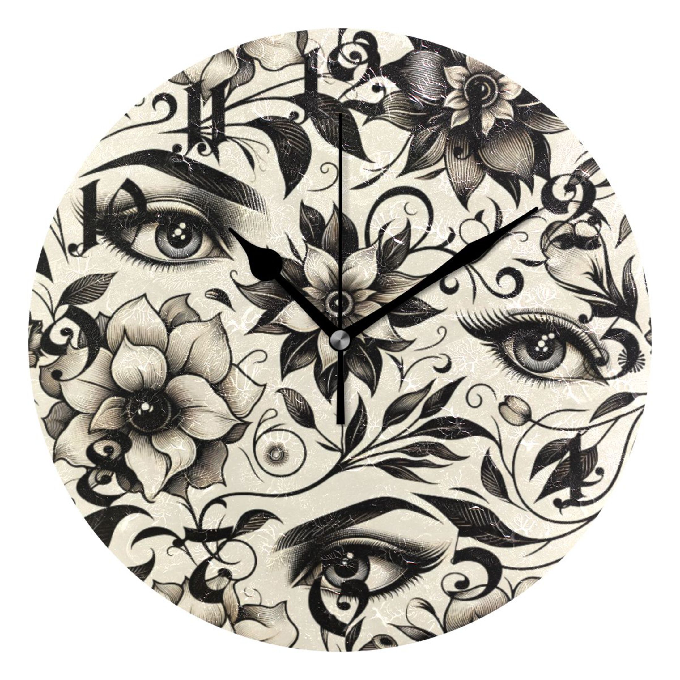 Silent Wall Clock Elegant Eyes with Flower 10" Non-Ticking Battery ...