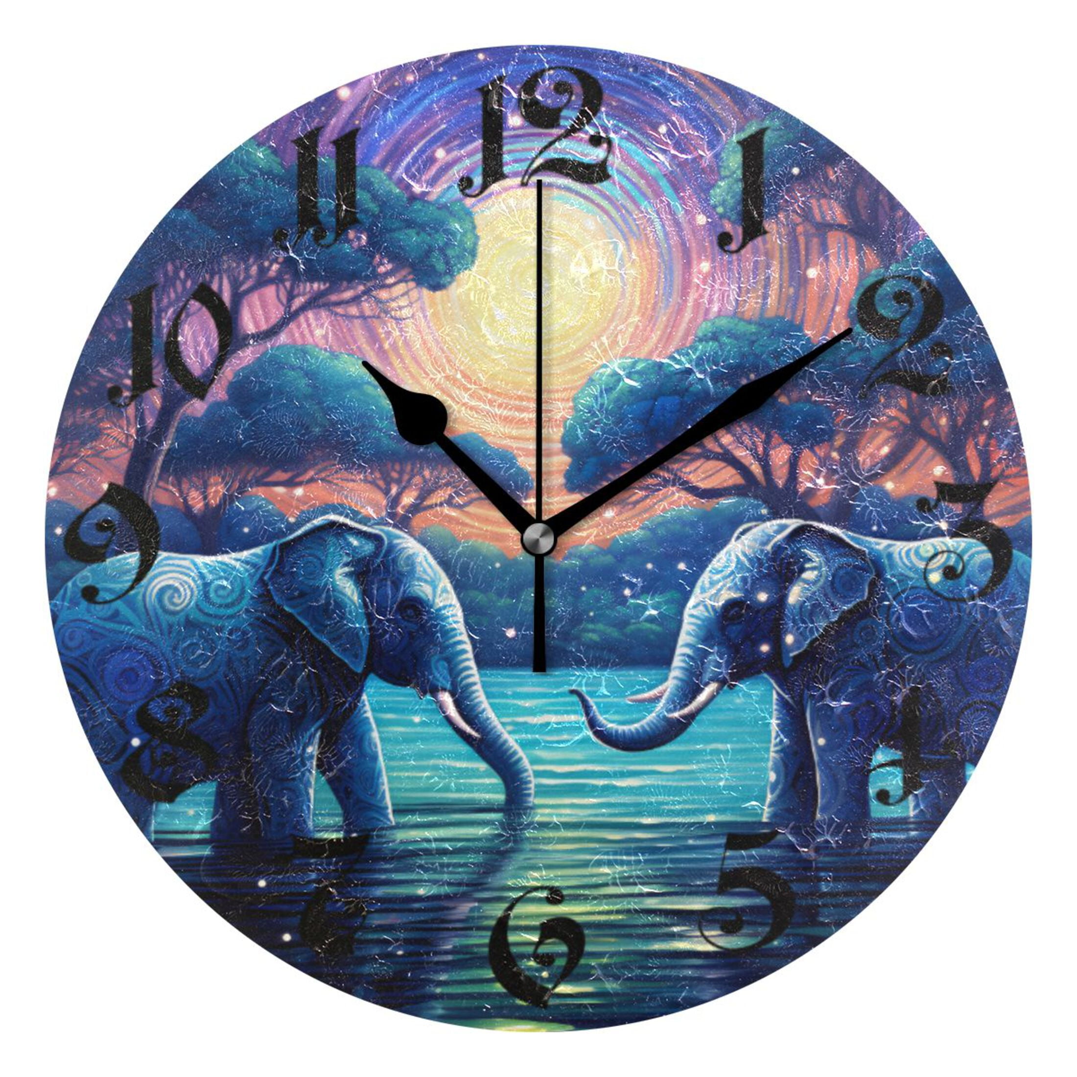 Silent Wall Clock Elephants in Forest 10" Non-Ticking Battery Clock ...