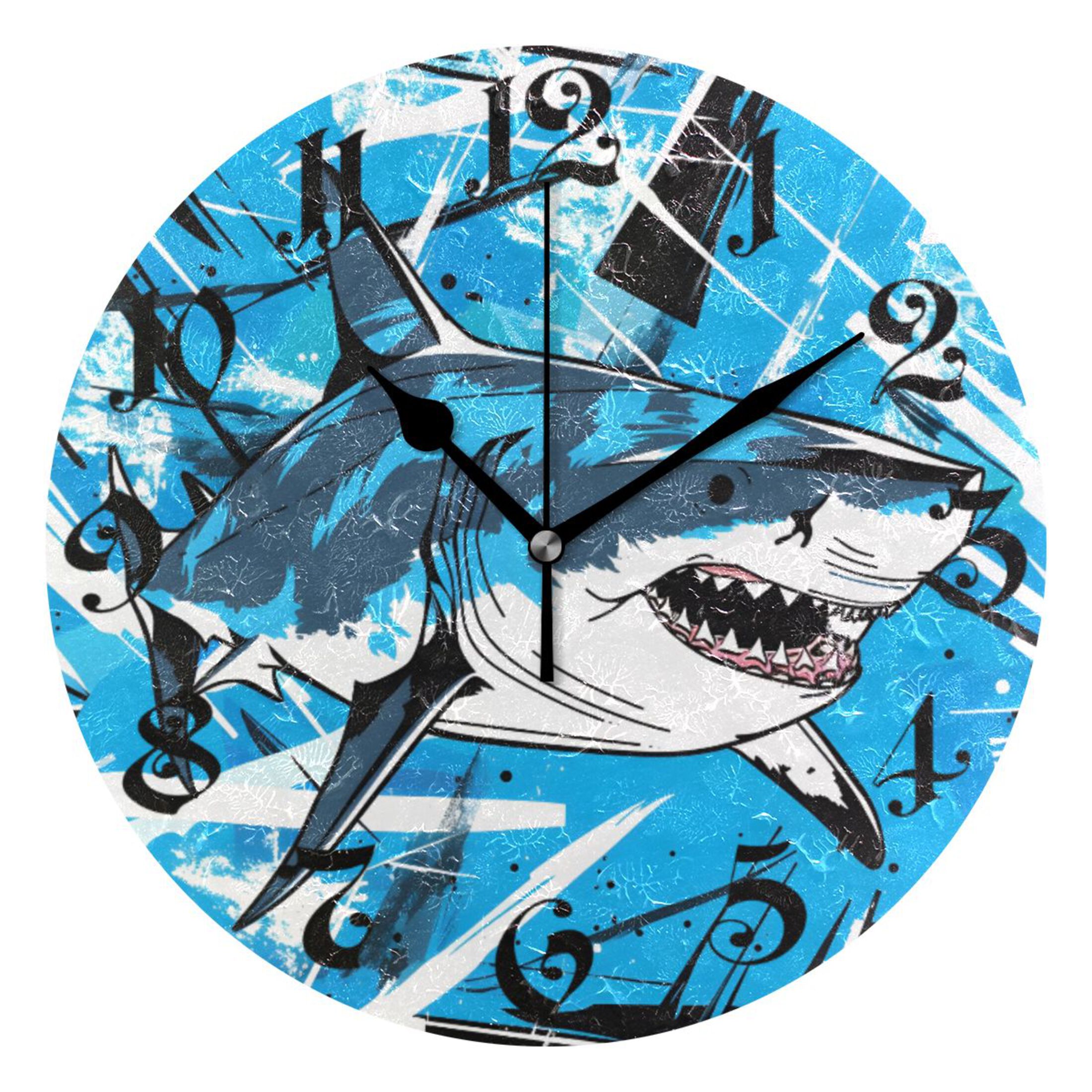 Silent Wall Clock Fierce Shark 10" Non-Ticking Battery Clock Rustic ...