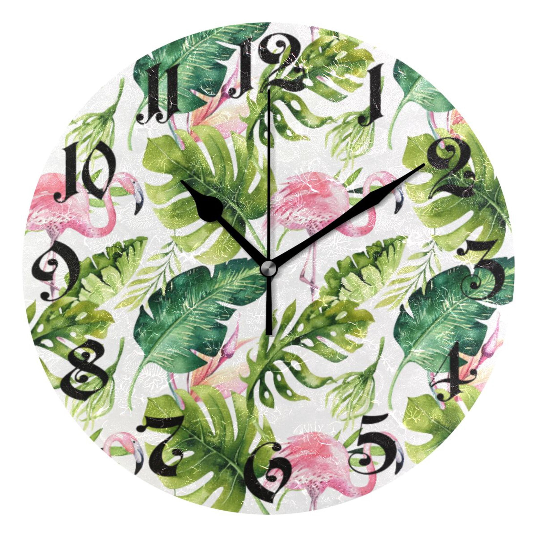 Silent Wall Clock Flamingo on Tropical Palm Leaves 10" Non-Ticking ...