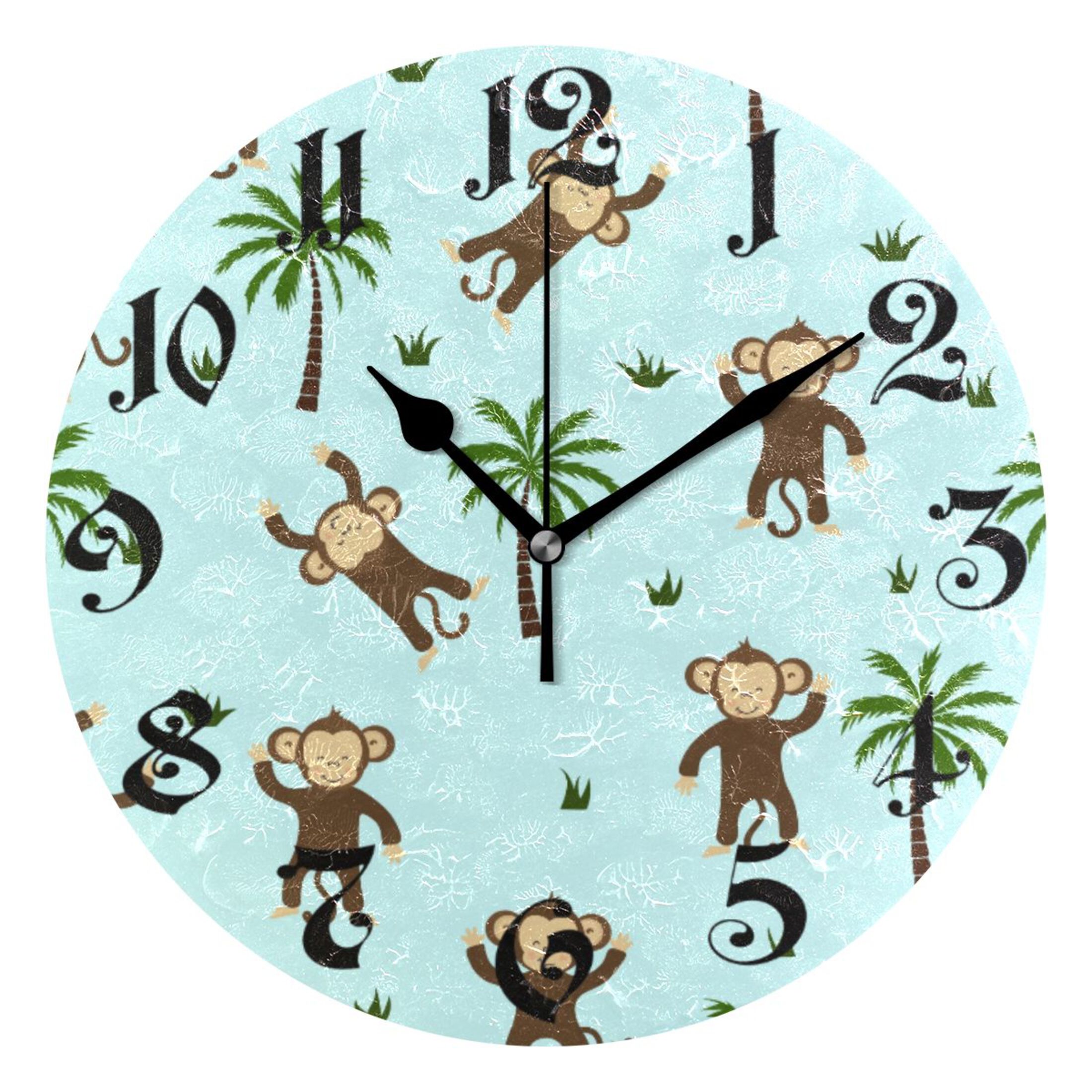Silent Wall Clock Funny Monkey and Tree Palm 10" Non-Ticking Battery ...