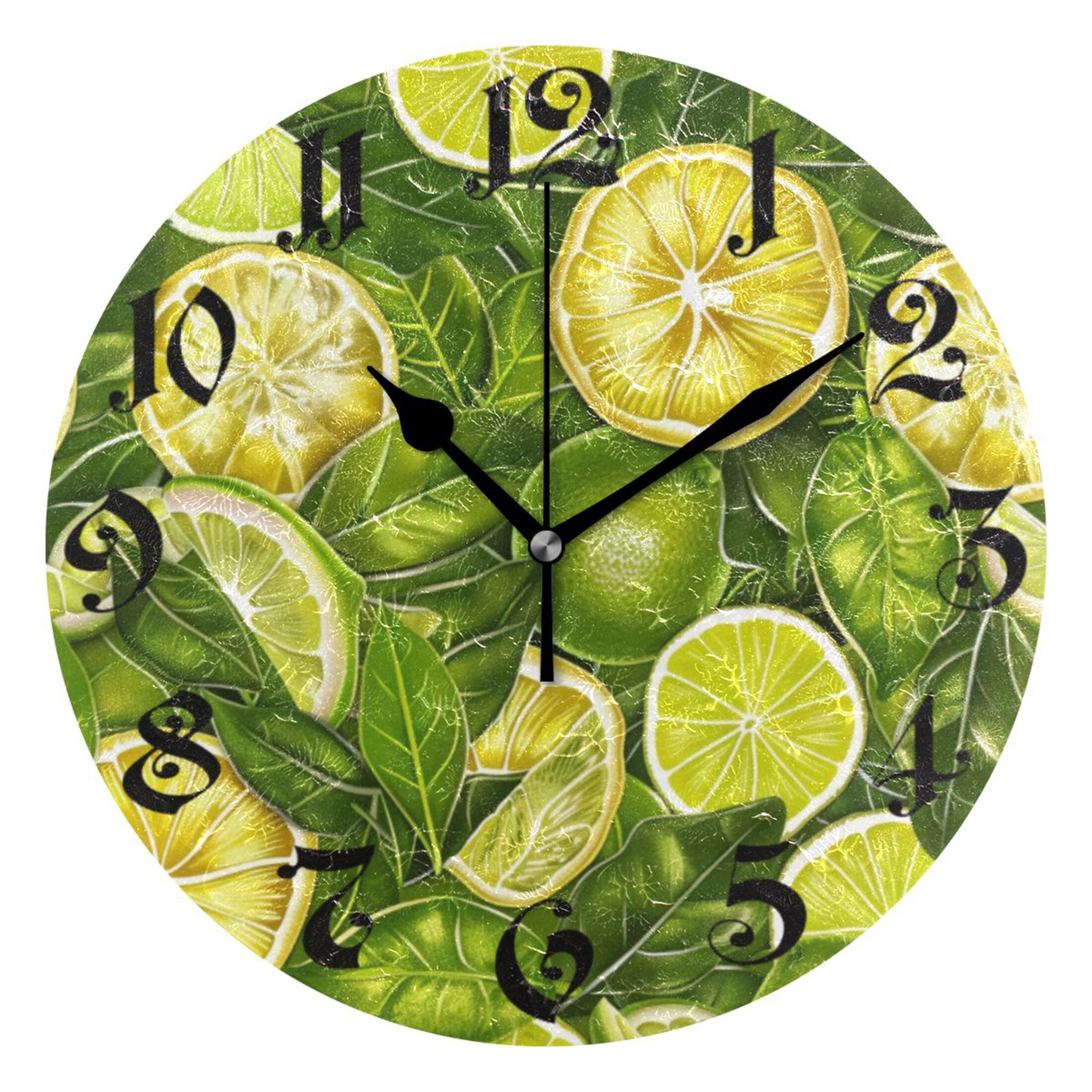 Silent Wall Clock Green Lemon with Leaves 10" Non-Ticking Battery Clock ...