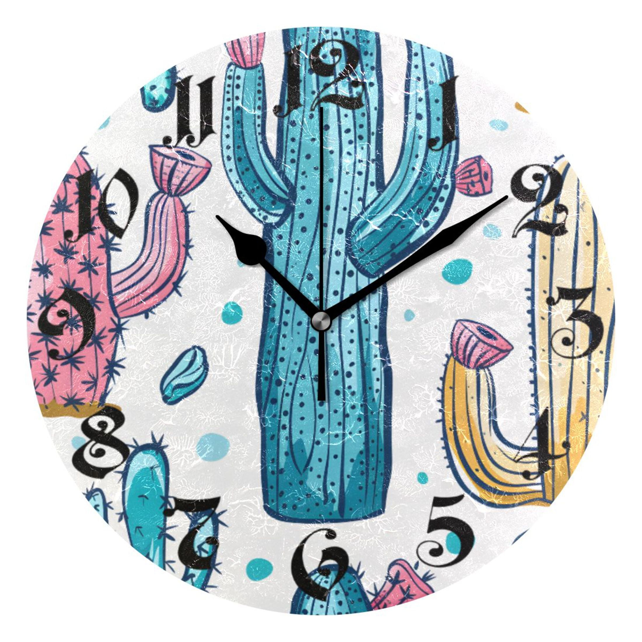 Silent Wall Clock Hand Drawn Cactus 10" Non-Ticking Battery Clock ...