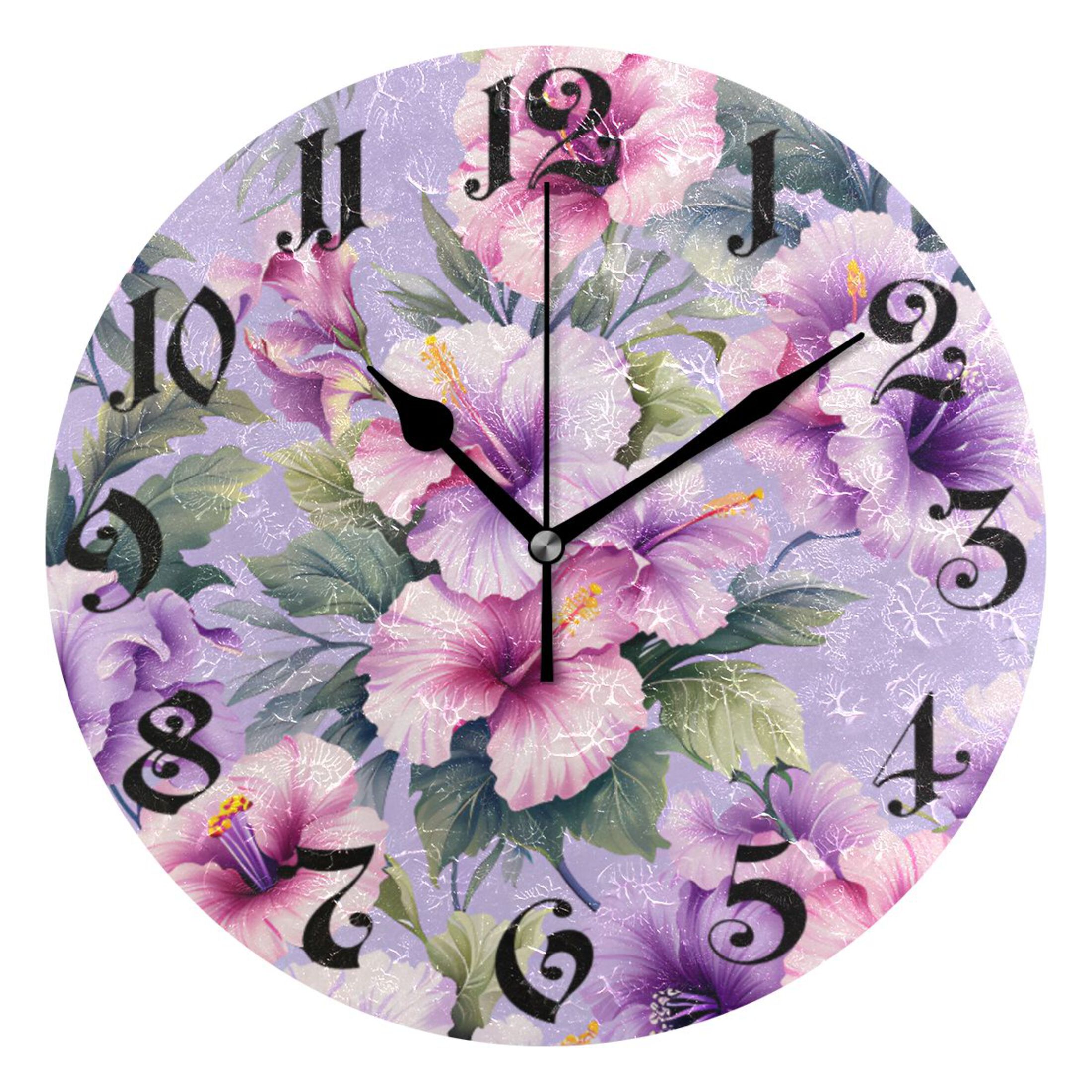 Silent Wall Clock Hibiscus Flowers 10" Non-Ticking Battery Clock Rustic ...