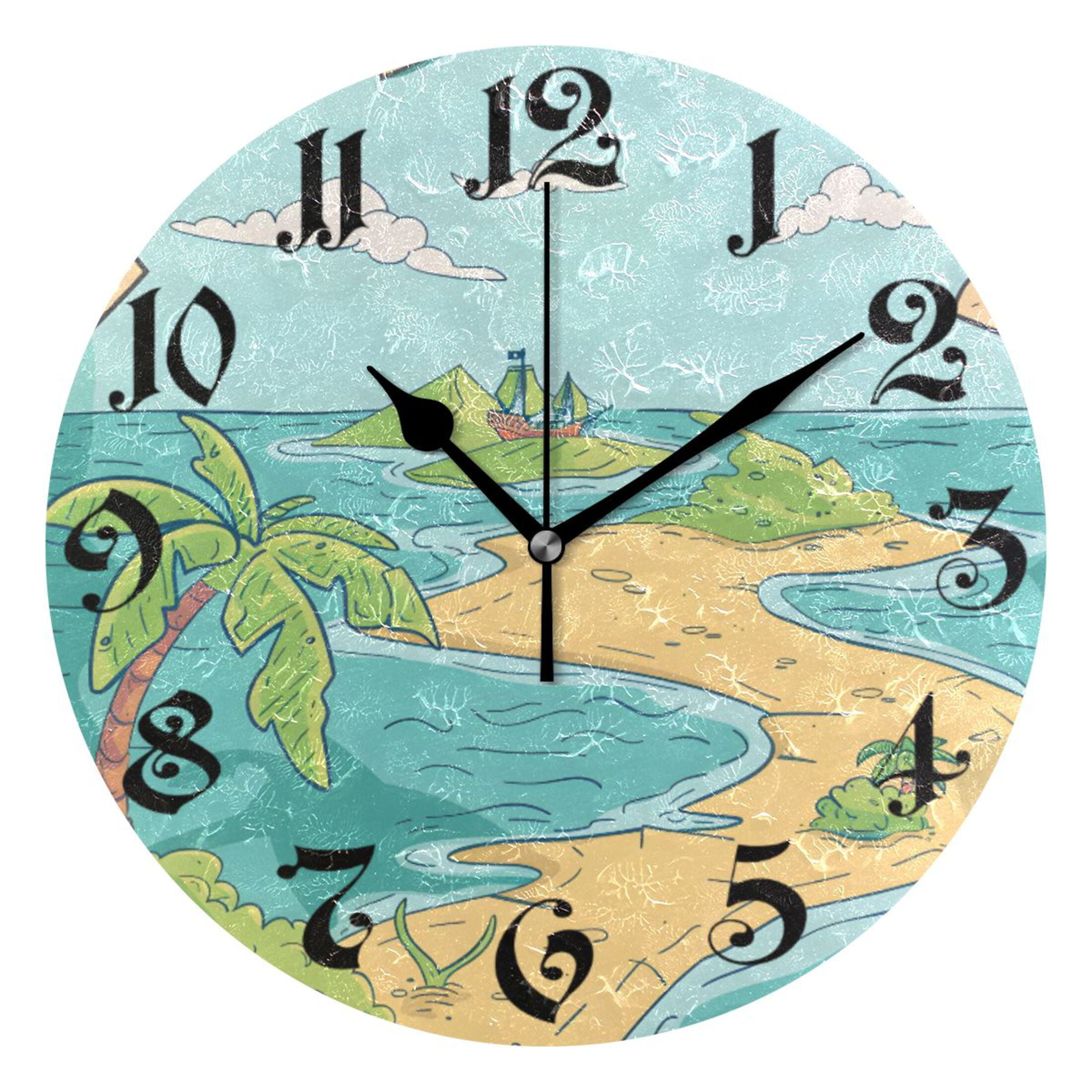 Silent Wall Clock Island Map and Sea 10" Non-Ticking Battery Clock ...