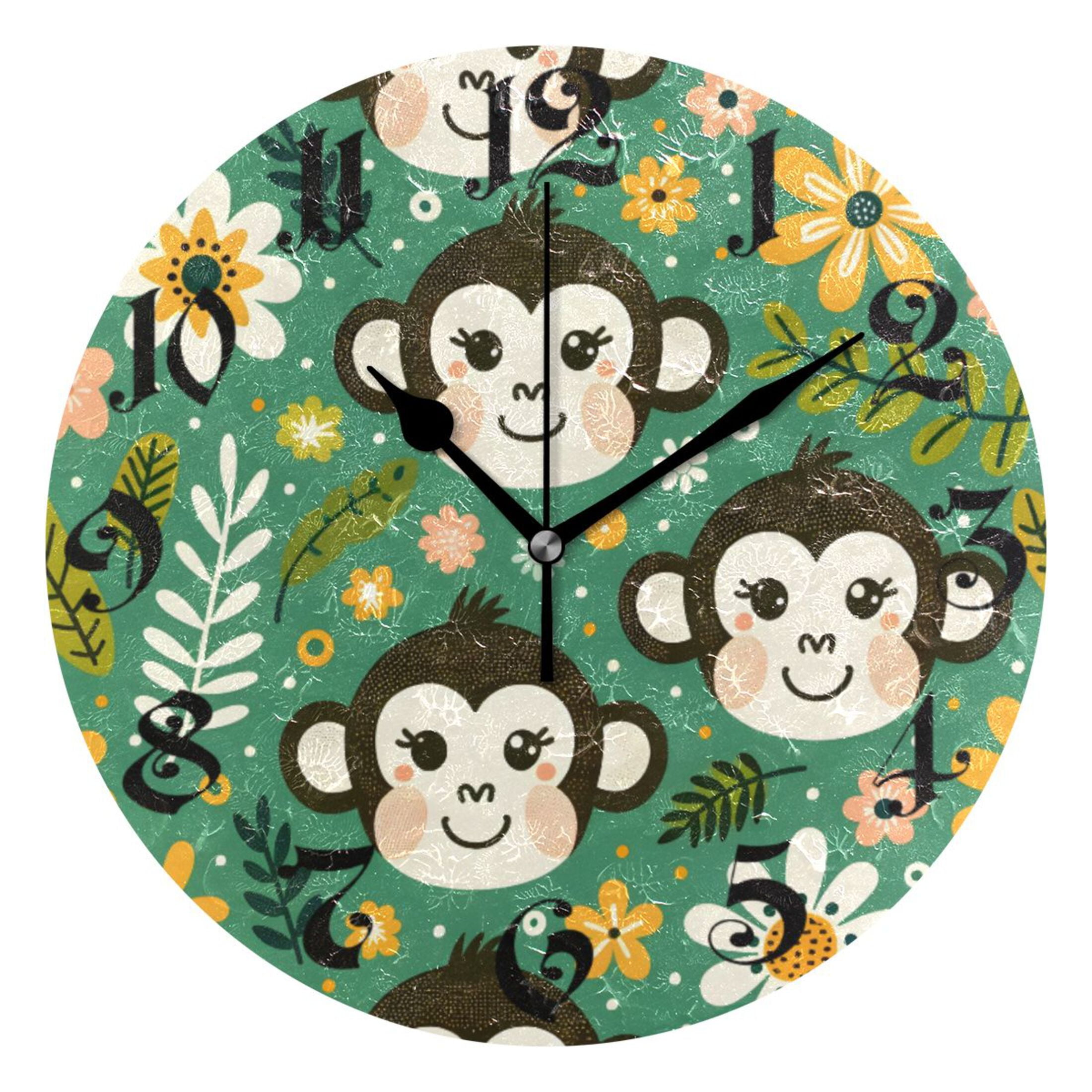 Silent Wall Clock Monkey Sunflowers on Green 10" Non-Ticking Battery ...
